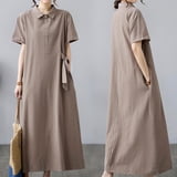 SMihono Women's Flowy Cotton Linen Midi Dress Short Sleeve Buttons Tie ...