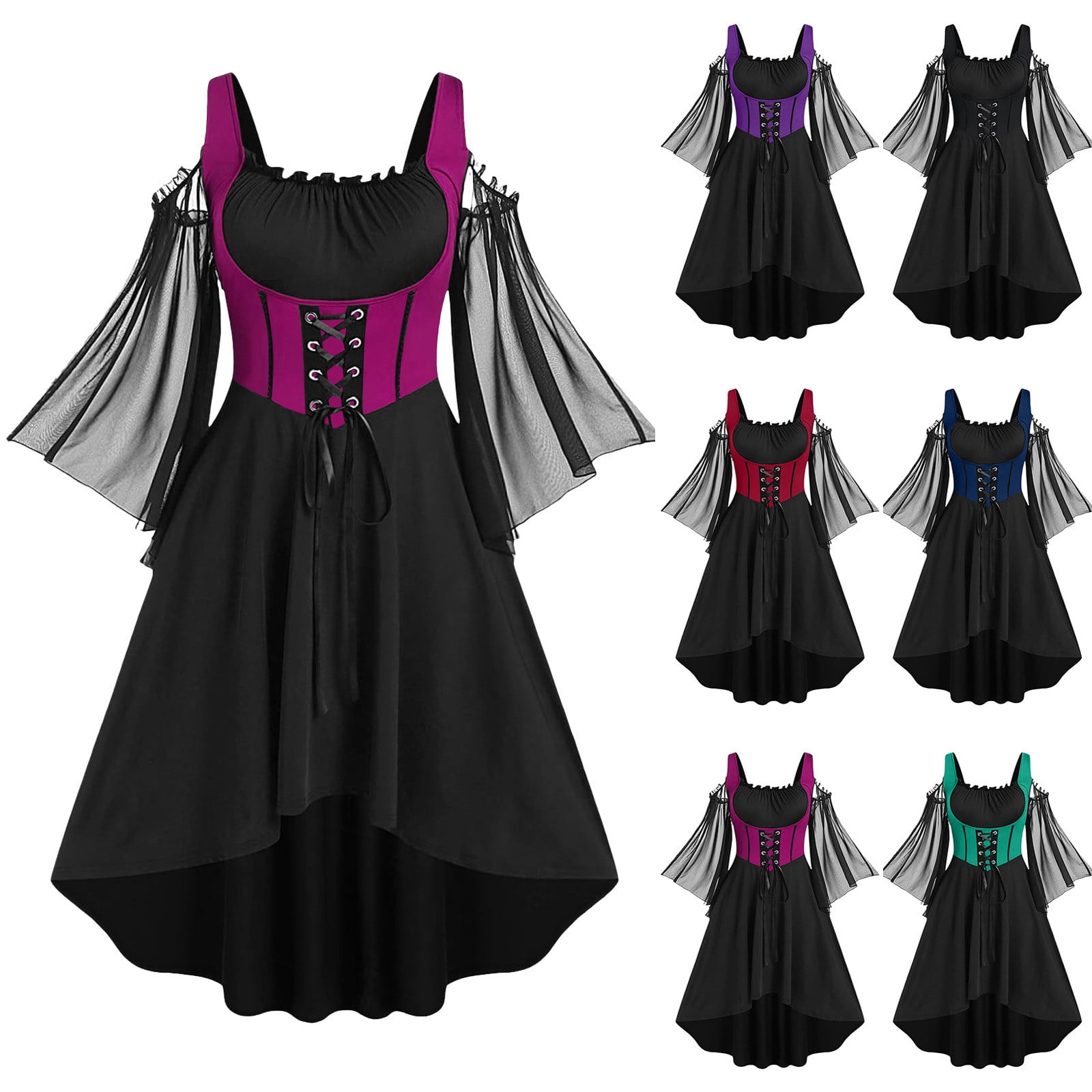 SMihono Women's Gothic Corset Dresses Mesh 3/4 Sleeves Cold Shoulder ...