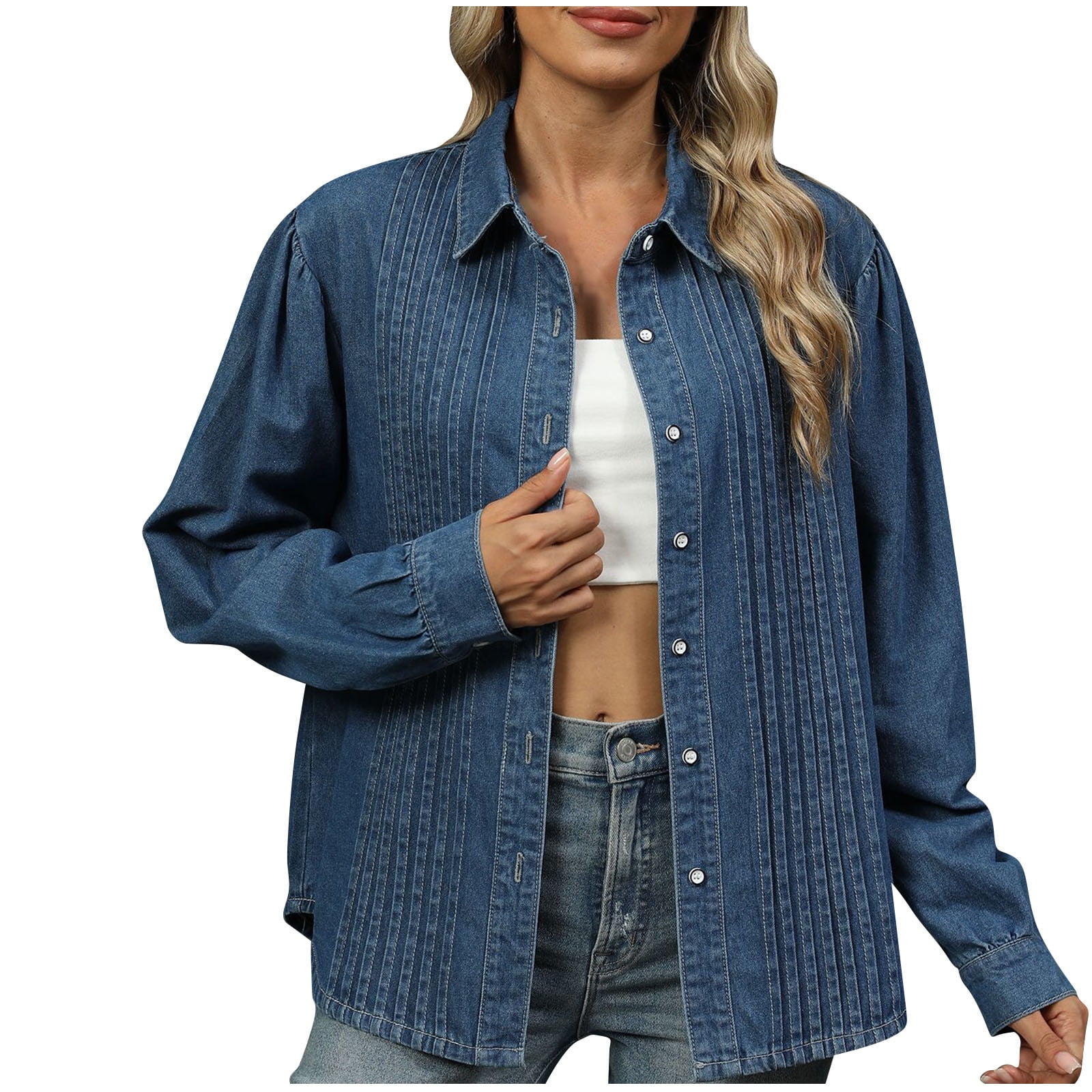 SMihono Women's Loose Washed Denim Shirt Long Sleeve Lapel Neck Casual ...