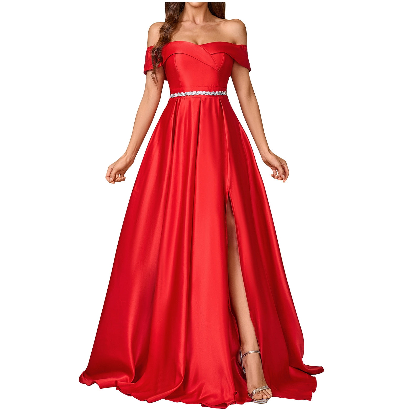 SMihono Women's Off Shoulder Satin Evening Dresses with Slit Sexy Party ...