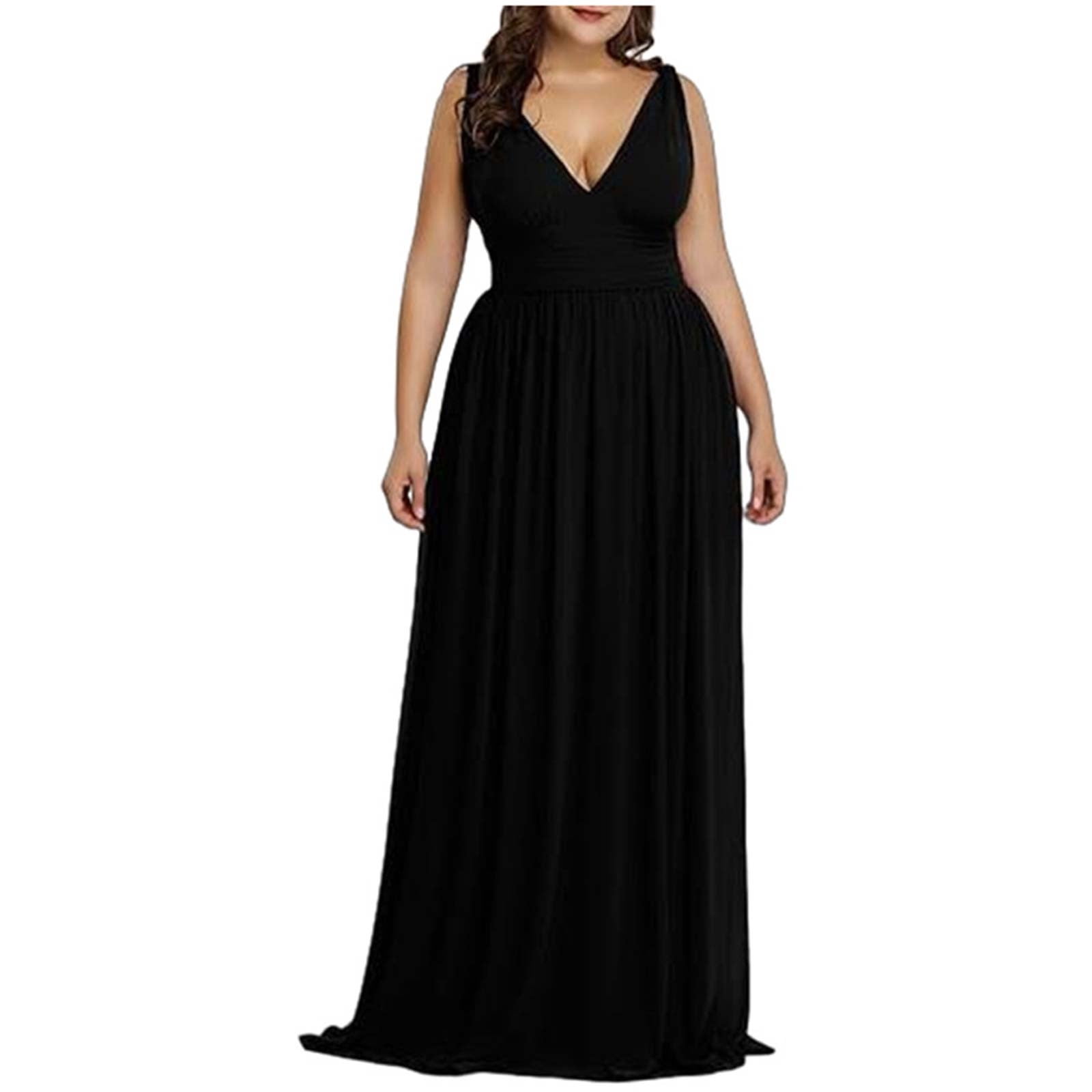SMihono Women's Plus Size V-Neck Pleated Chiffon Maxi Semi-Formal Dress ...