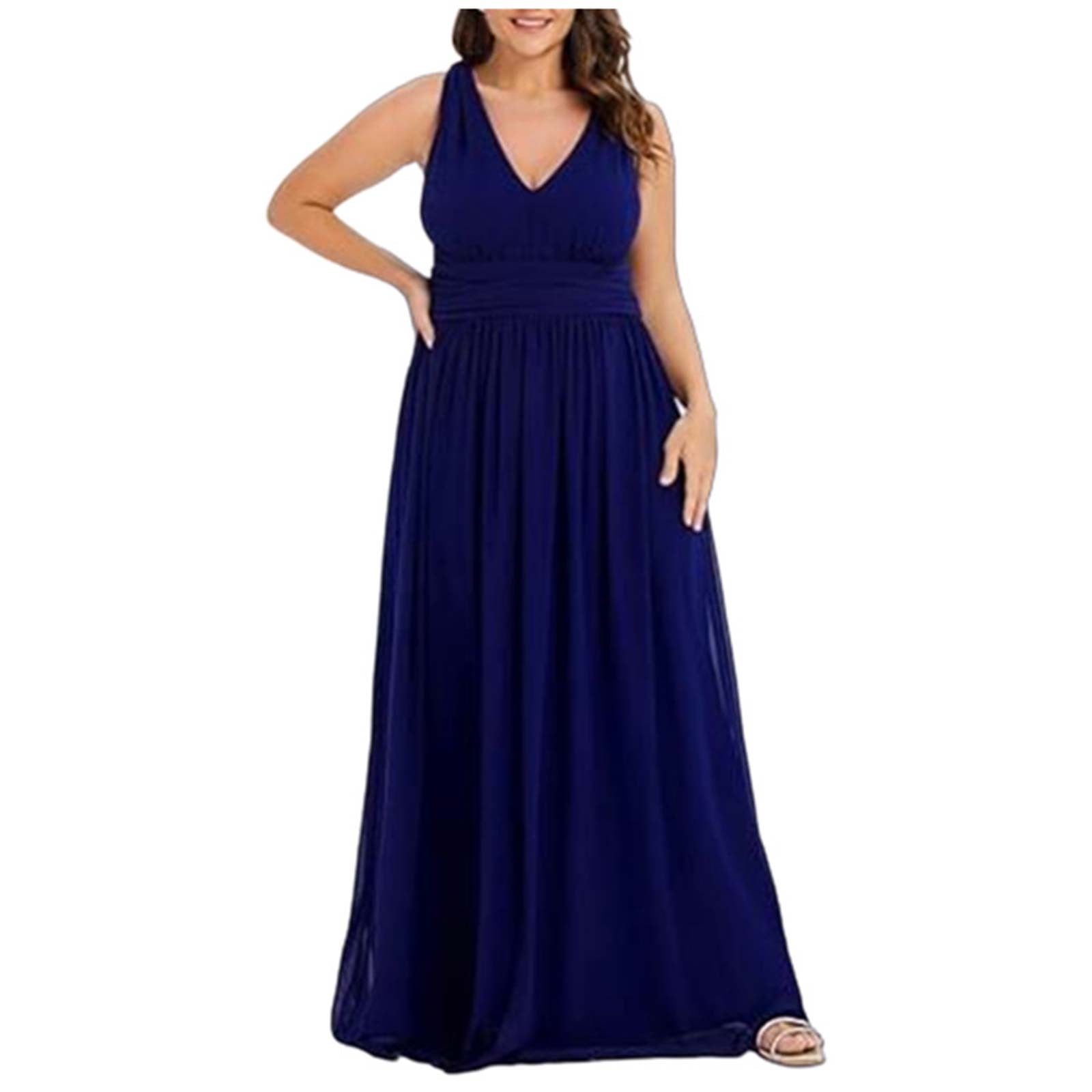 SMihono Women's Plus Size V-Neck Pleated Chiffon Maxi Semi-Formal Dress ...