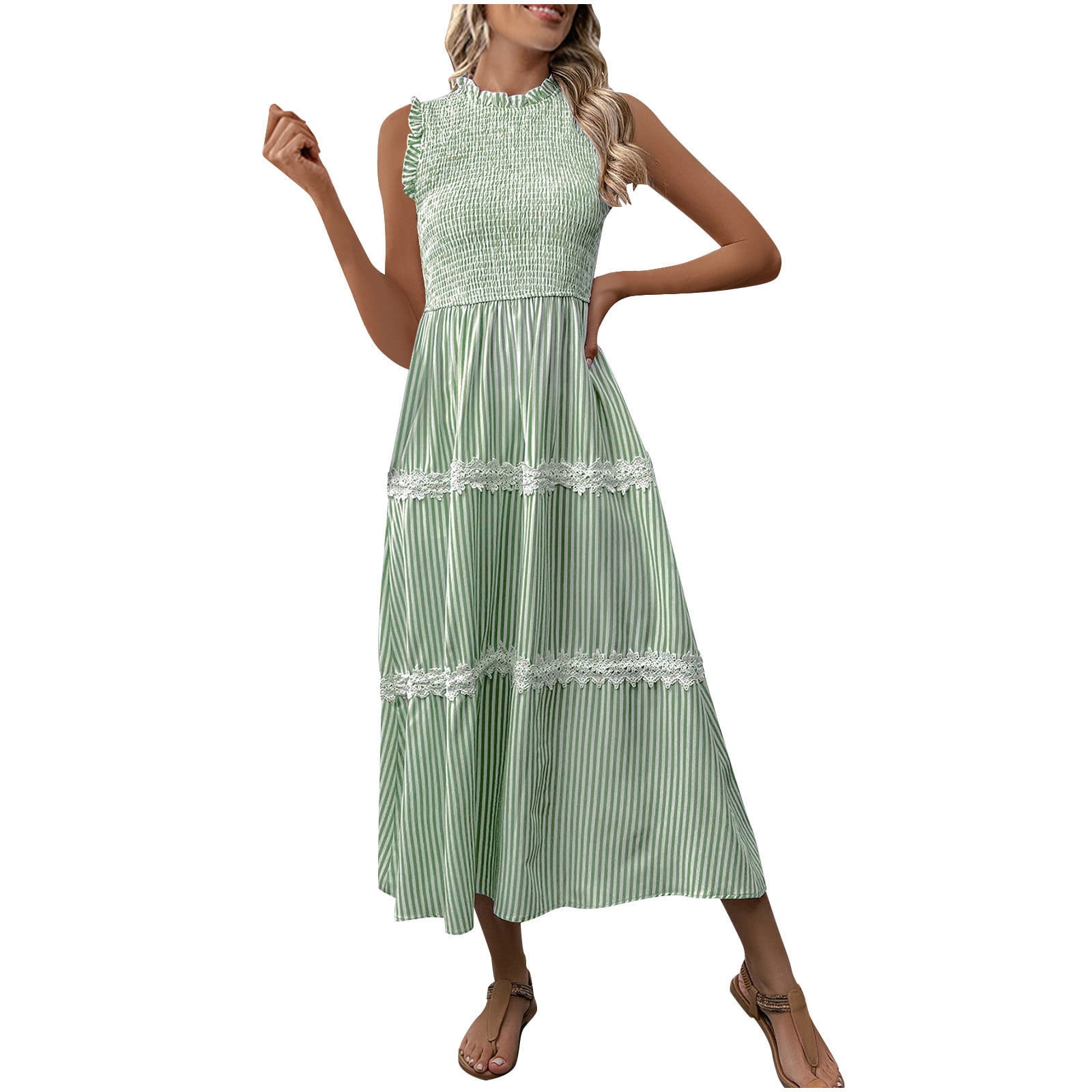 SMihono Women's Stringy Selvedge Sleeveless Striped Smocking Tiered ...