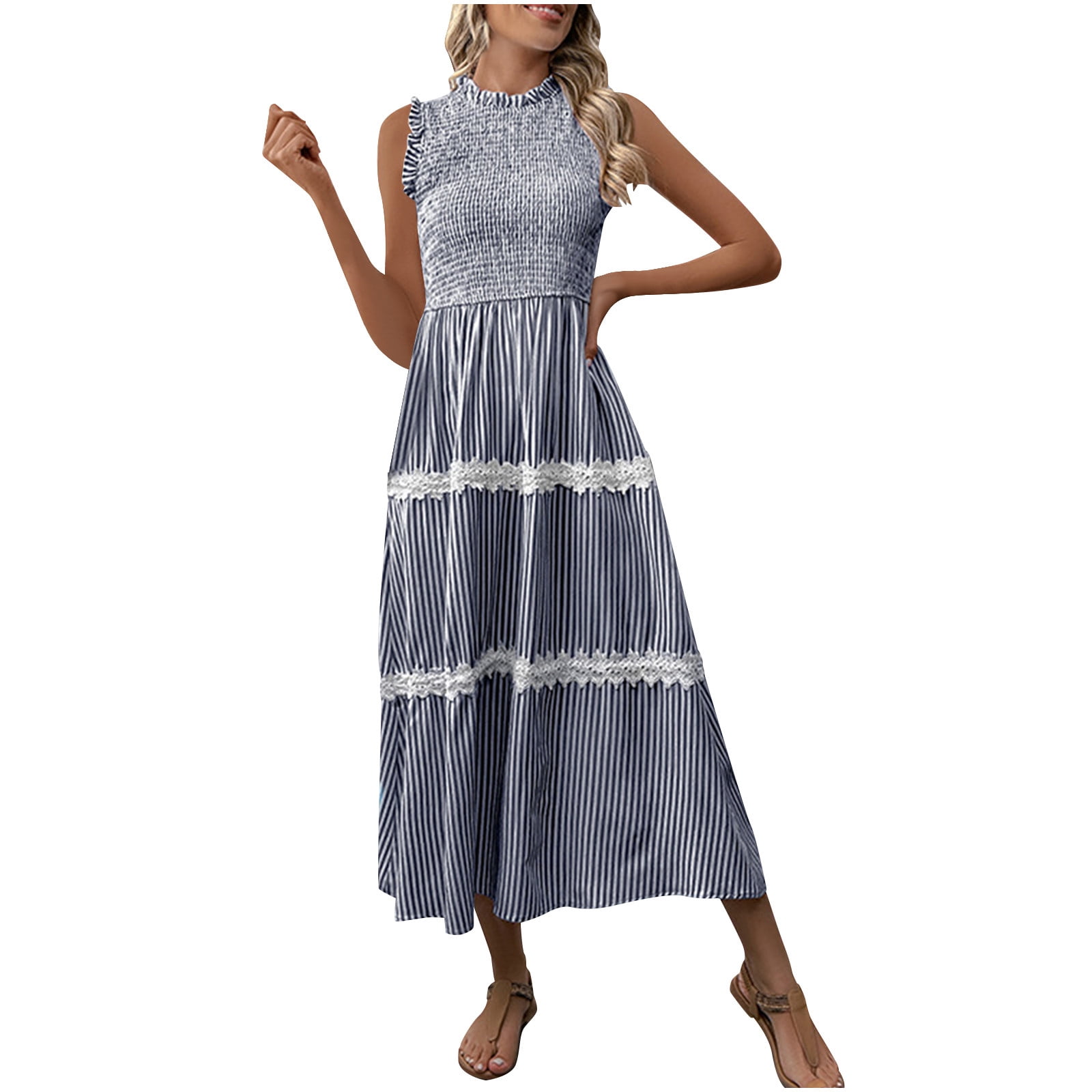 SMihono Women's Stringy Selvedge Sleeveless Striped Smocking Tiered ...