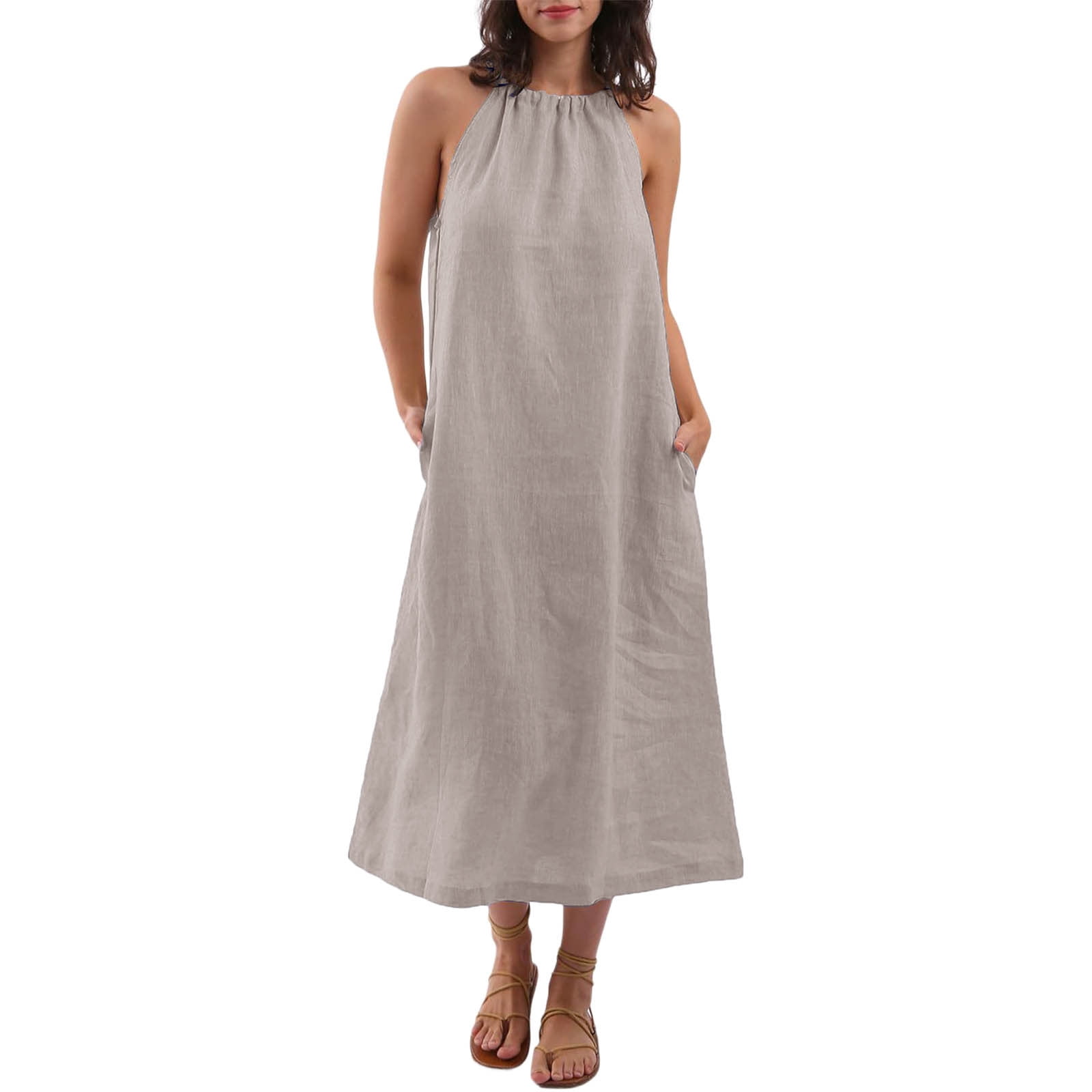 SMihono Women's Summer Halter Linen Maxi Dress Elegant Tie Back ...