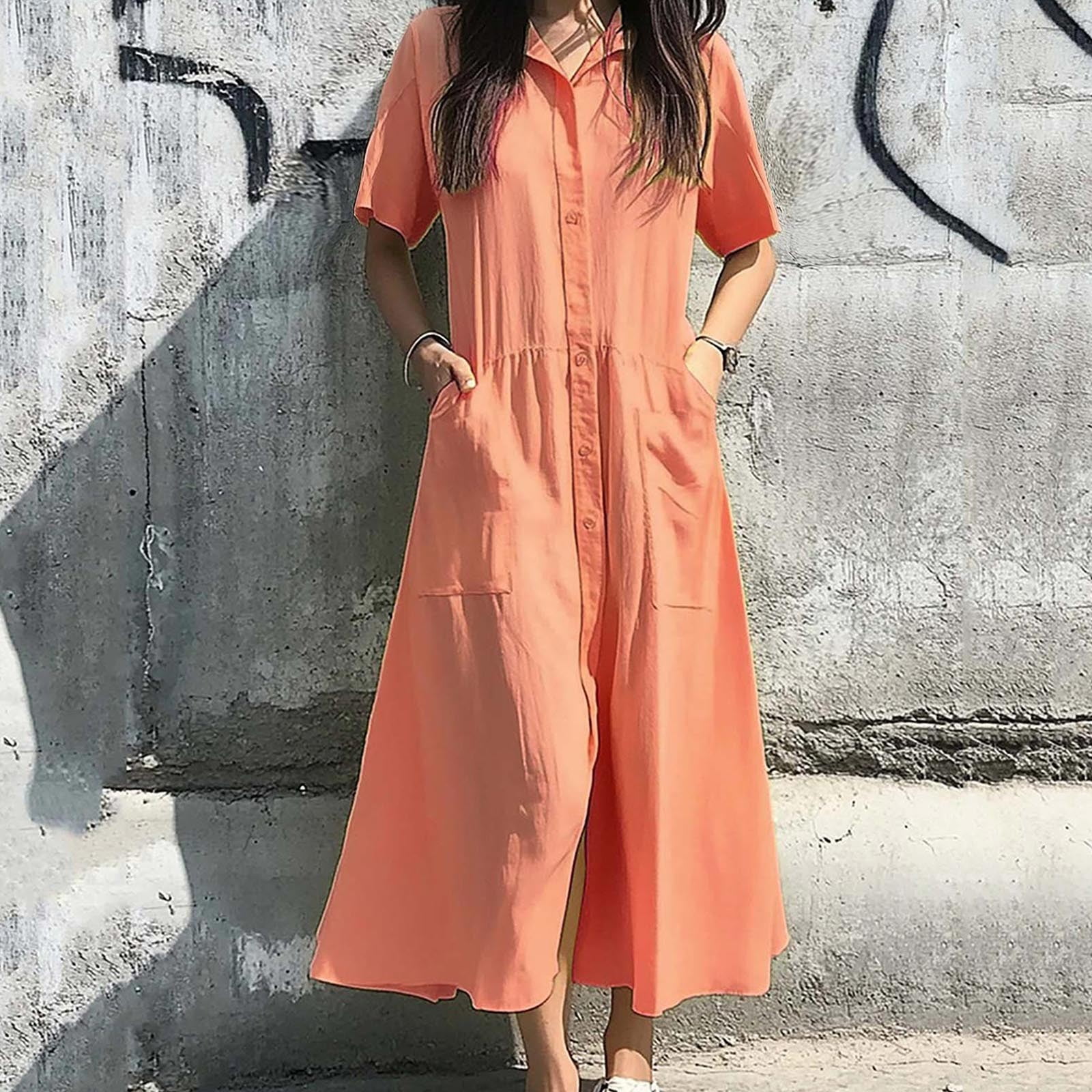 SMihono Women's Summer Short Sleeve Button Down Shirt Dress A-Line ...