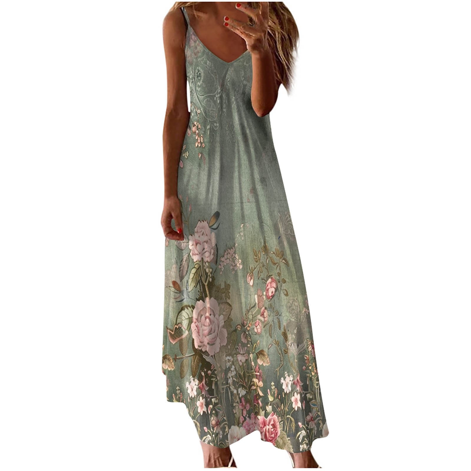SMihono Women's Summer Spaghetti Strap Dress Floral Print Loose Maxi ...
