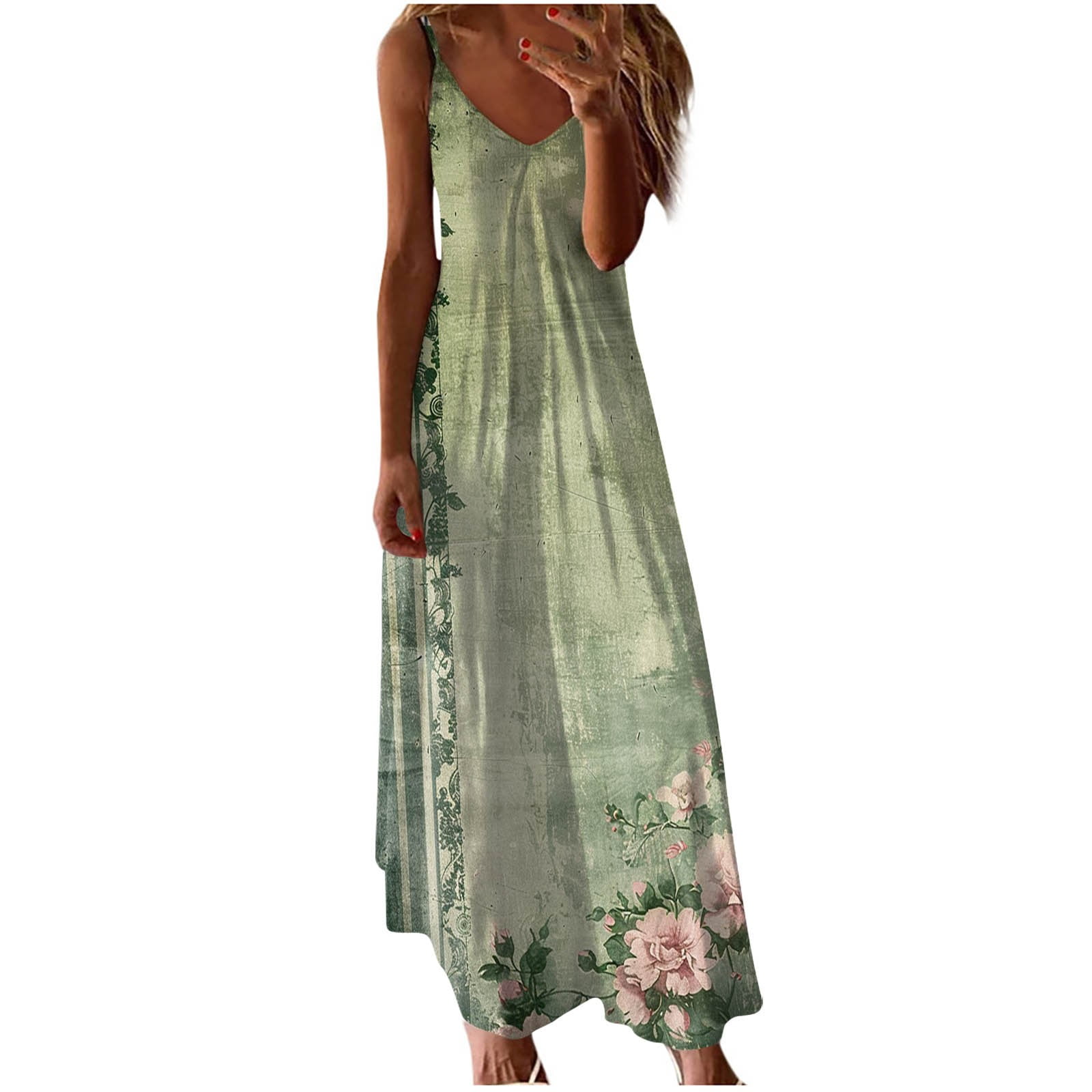 SMihono Women's Summer Spaghetti Strap Dresses Floral Print V-Neck Maxi ...