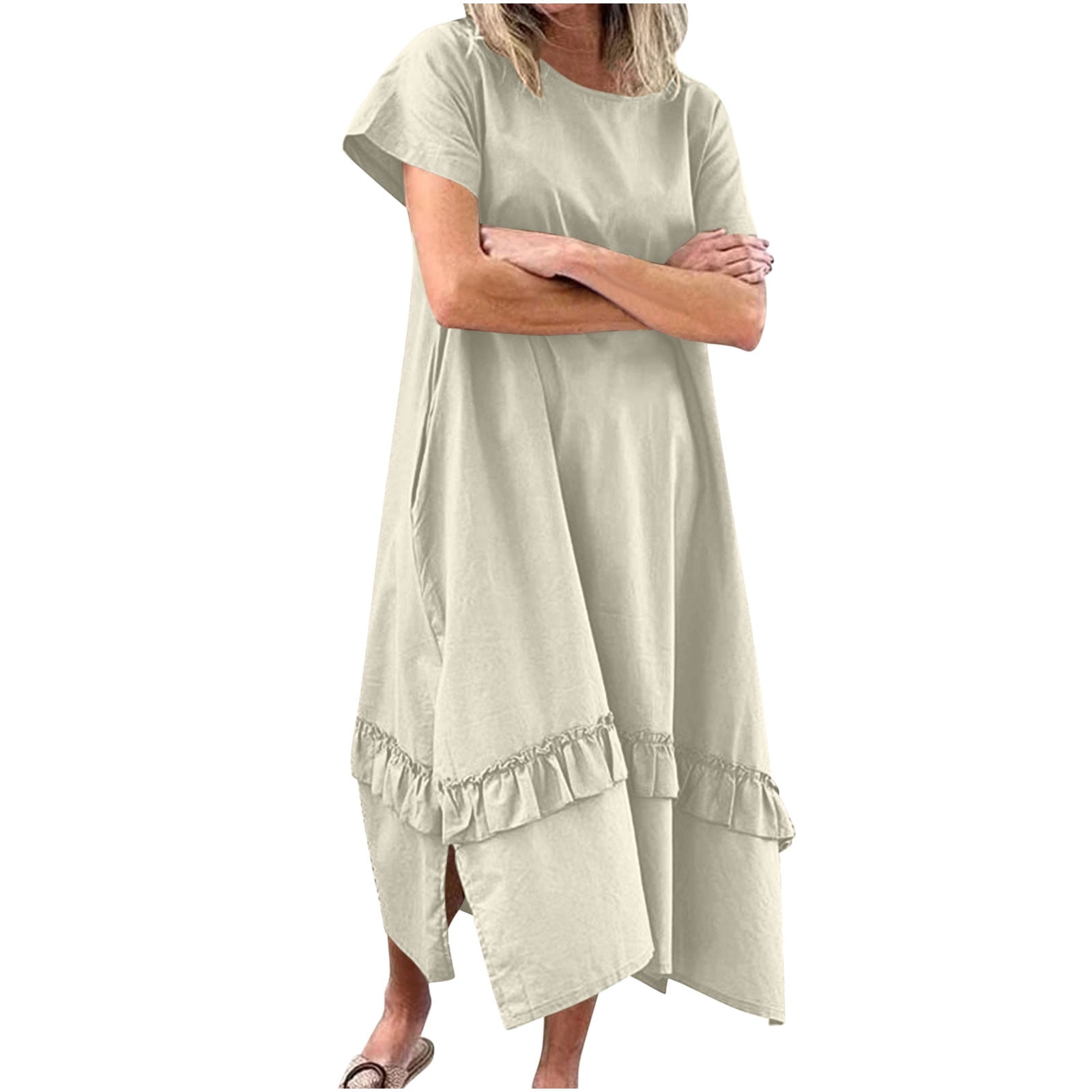 SMihono Womens Linen Dress Short Sleeve Maxi Summer Dress Ruffle Trim ...