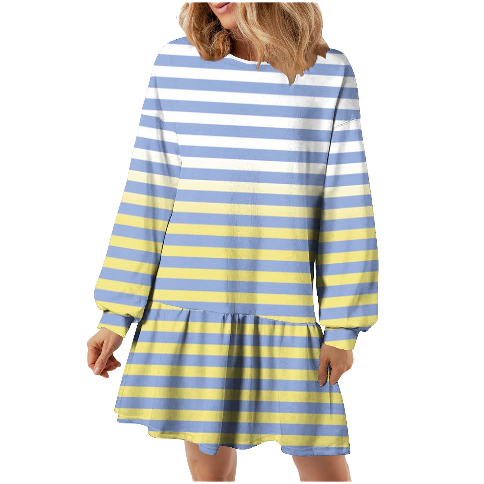 SMihono Womens Long Sleeve Spring Dresses 2025 Striped Crewneck Casual ...
