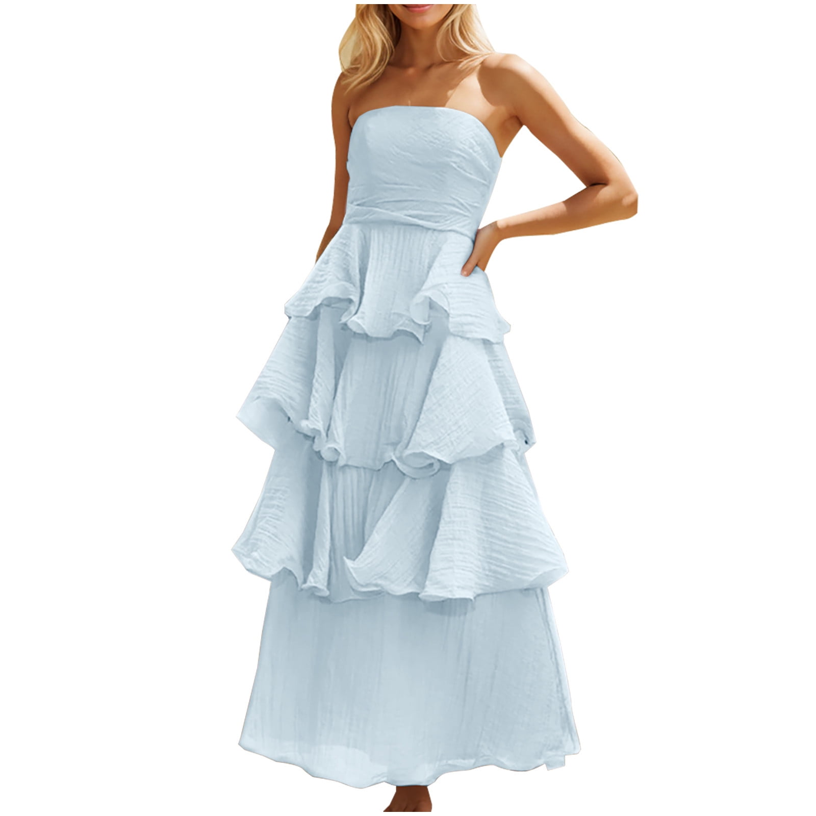 SMihono Womens Summer Strapless Maxi Dress Ruffle Tiered Solid Backless ...