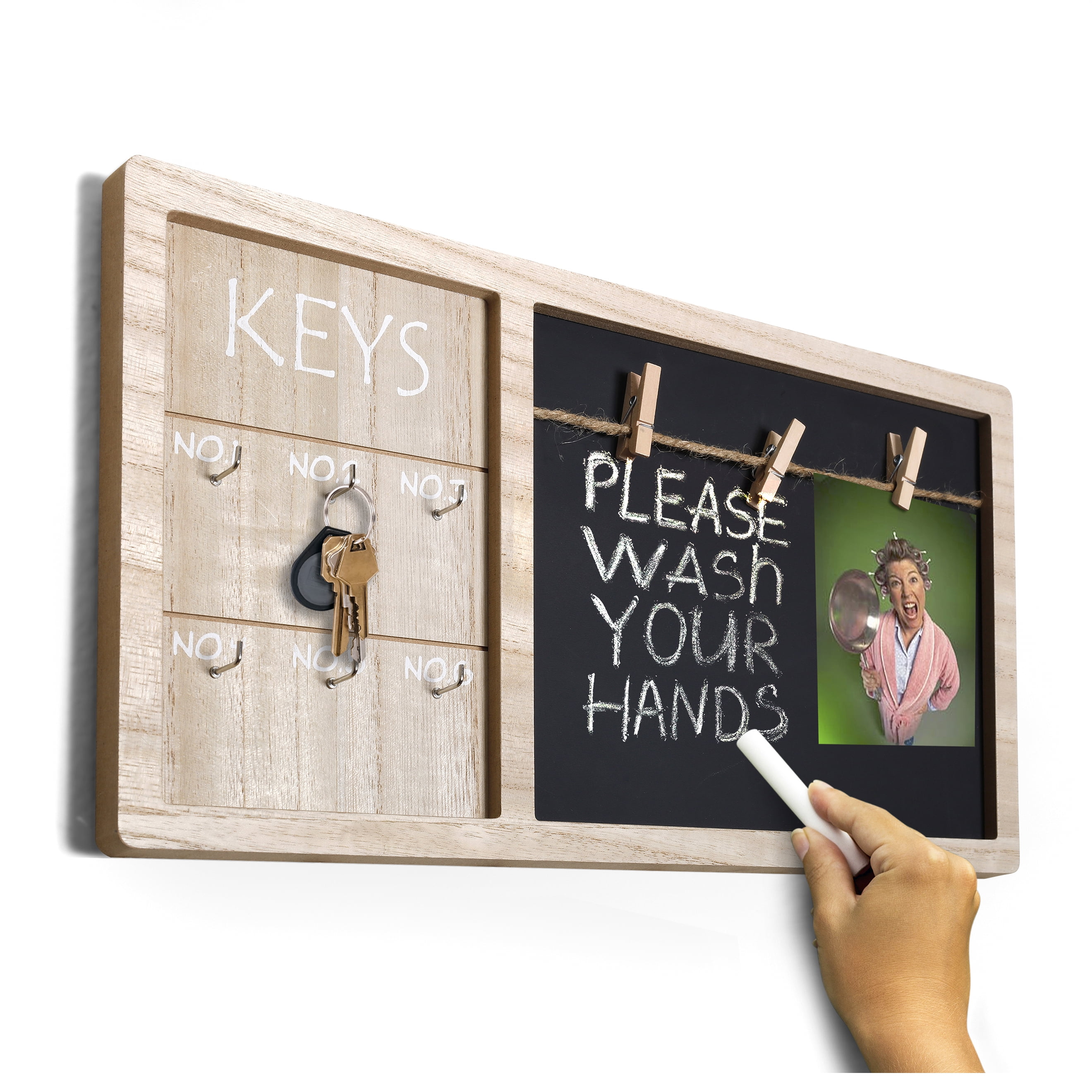 SNAP INVENT Wooden Key Hooks Photo Hanger and Chalkboard | Wall Mounted ...