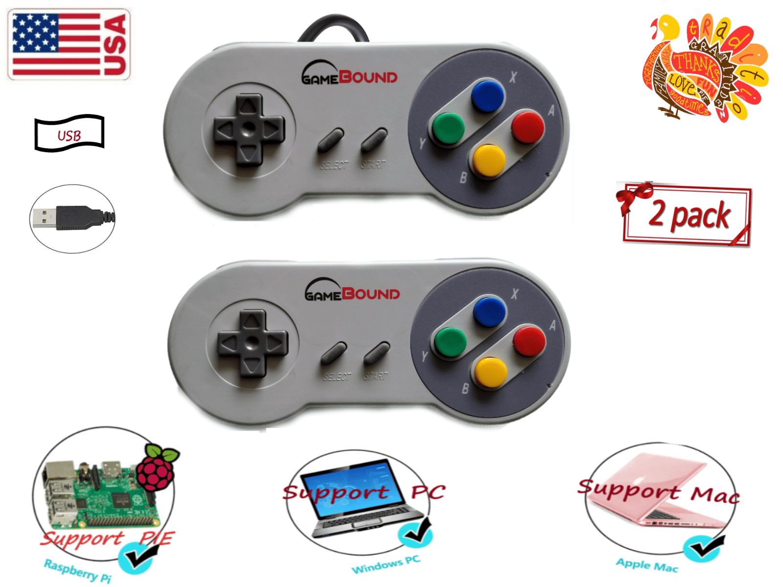 SNES Style Controller, Retro USB Controller for PC/Mac/Retro Pi (Color ...