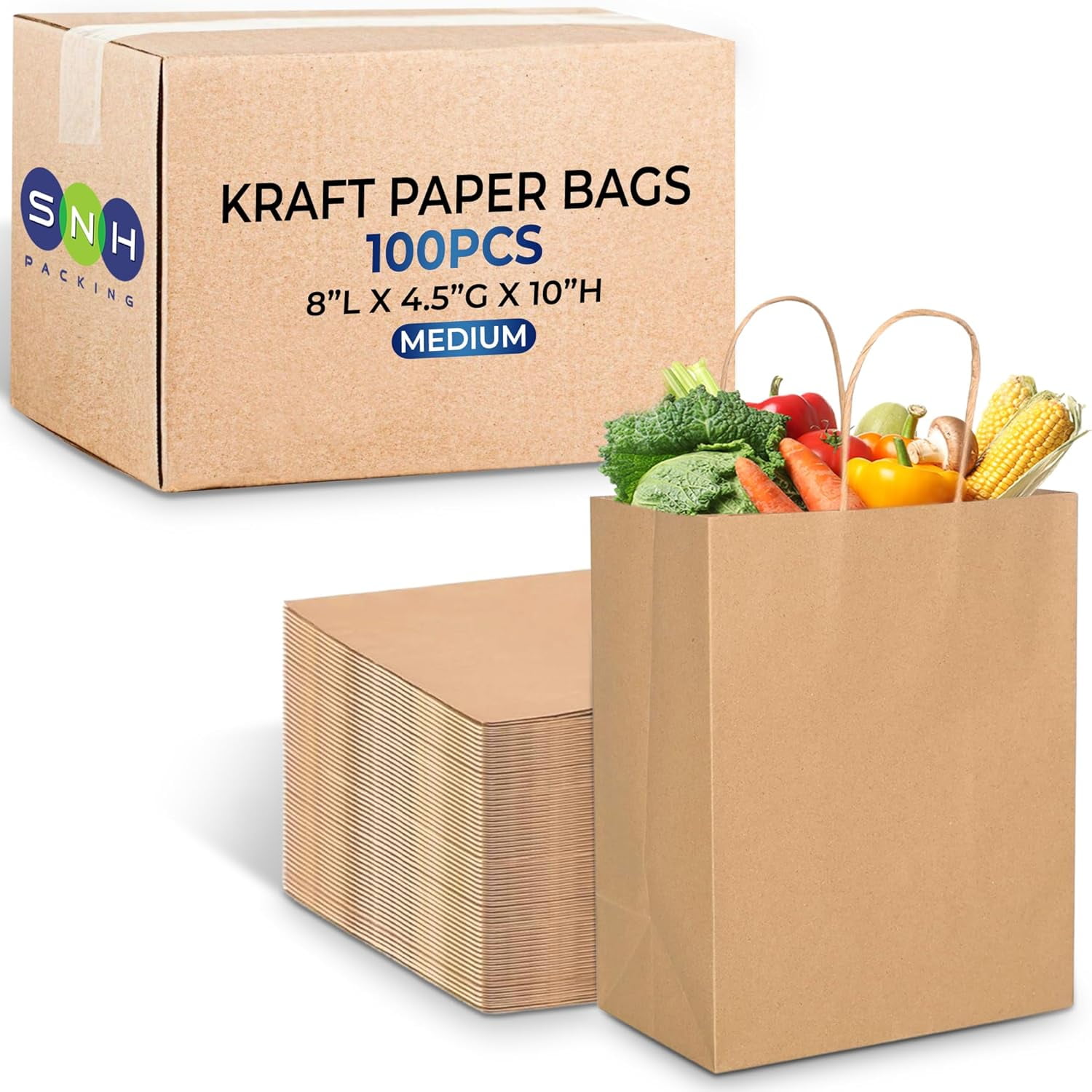 SNH Packing 100 Pack Brown Paper Bags with Handles 8X4.5X10 Inch ...
