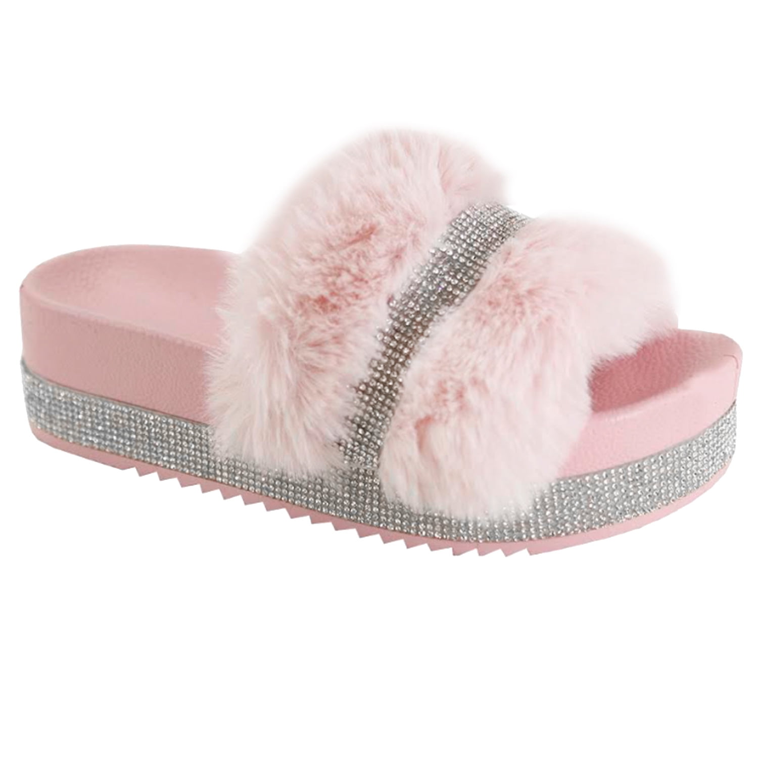 SNJ New Women's Faux Fur Rhinestone Platform Slide Crystal Mid Heel ...
