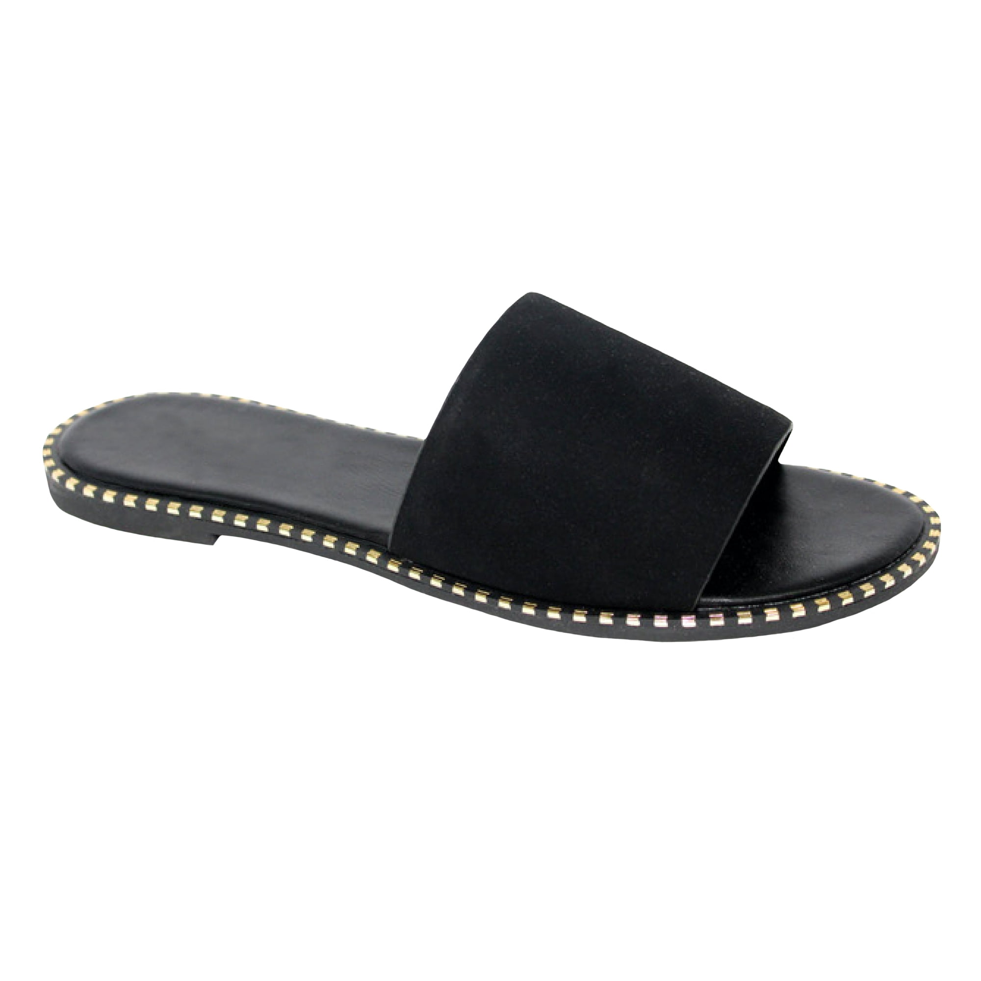 SNJ Women Gold Trim Stud Flat Single Band Summer Open Toe Slide Sandal ...