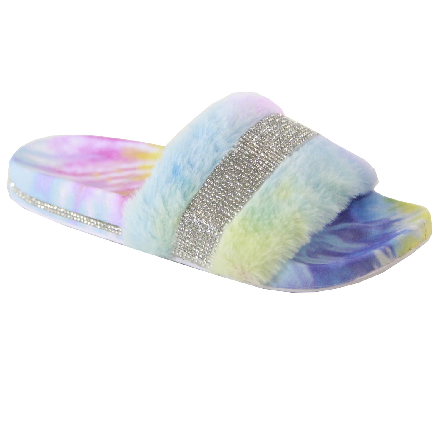 SNJ Women's Faux Fur Rhinestone Glitter Strap Slide Fluffy Open Toe ...