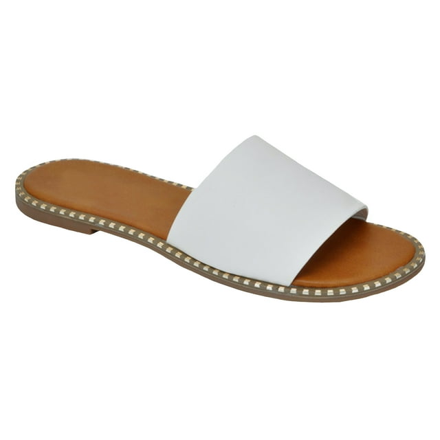 SNJ Women's Gold Trim Stud Flat Single Band Summer Open Toe Slide ...