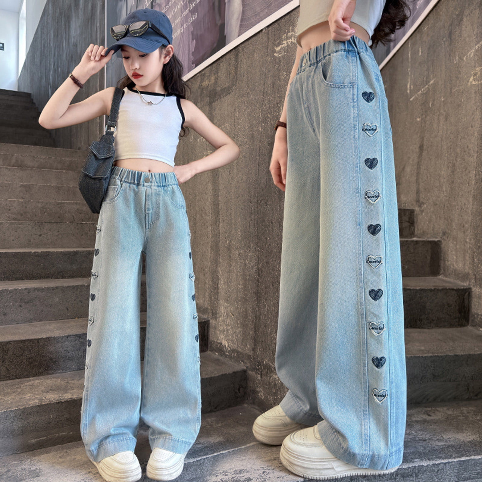 SNKSDGM Anniversary Girls Wide Leg Denim Pants Heart Embroidery Elastic ...