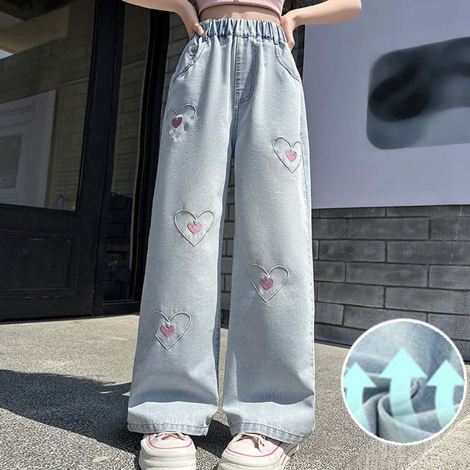 SNKSDGM Back-to-School Girls Denim Pants Elastic Waist Straight Leg ...