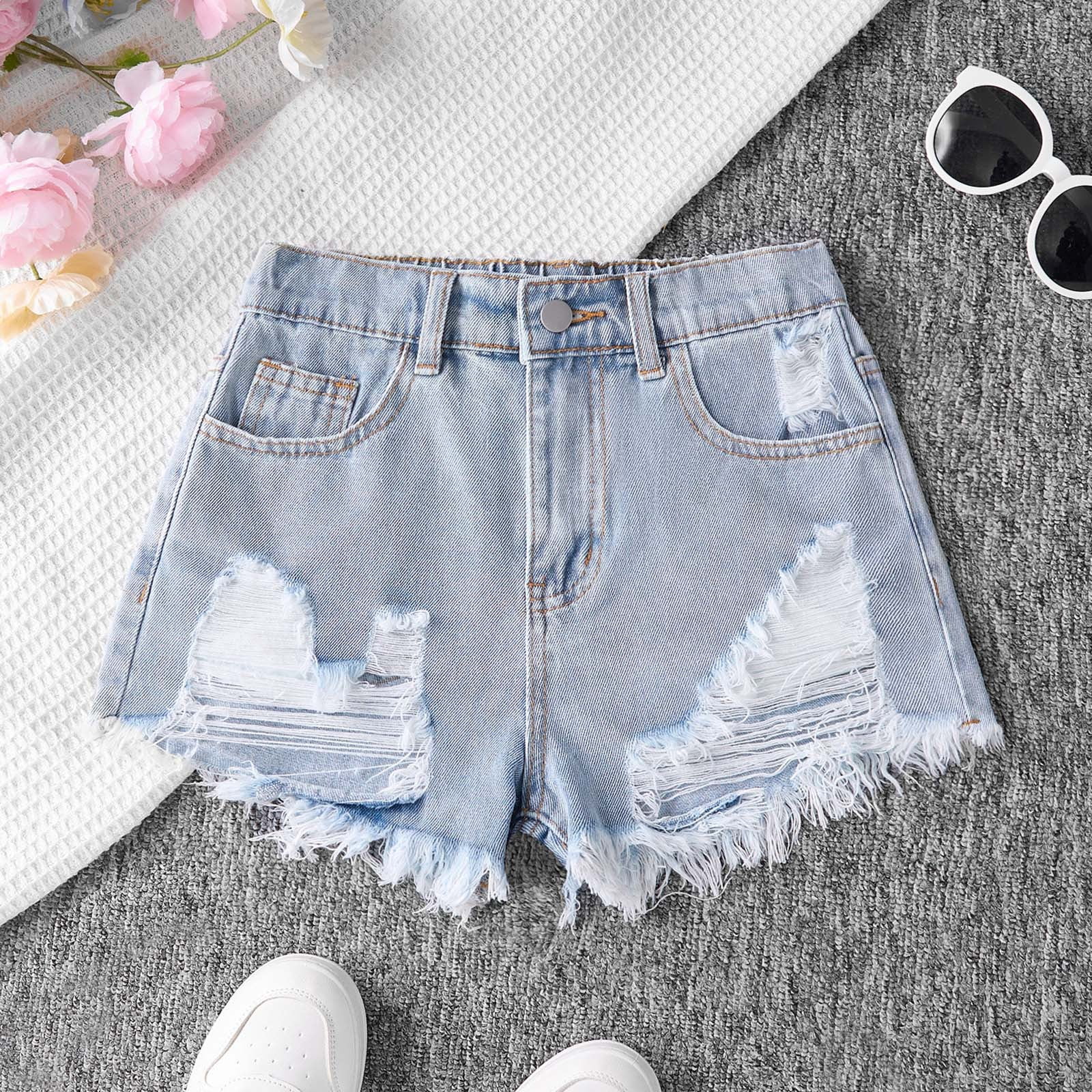 SNKSDGM Back-to-School Girls Ripped Denim Shorts High Waist Distressed ...