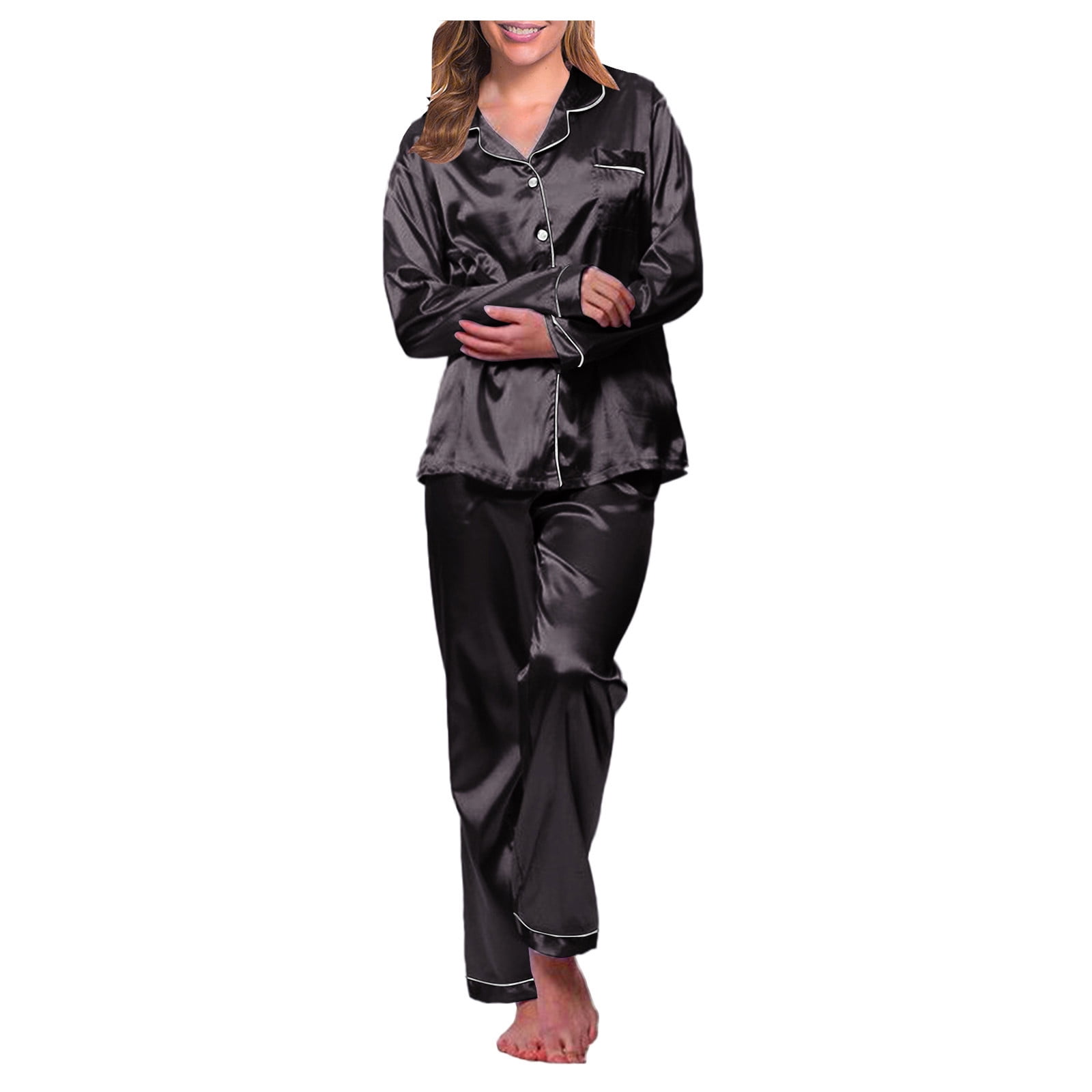SNOWSONG Clearance! Underwear for Women, Womens Silk Satin Pajamas Set Long Sleeve Button Down ...