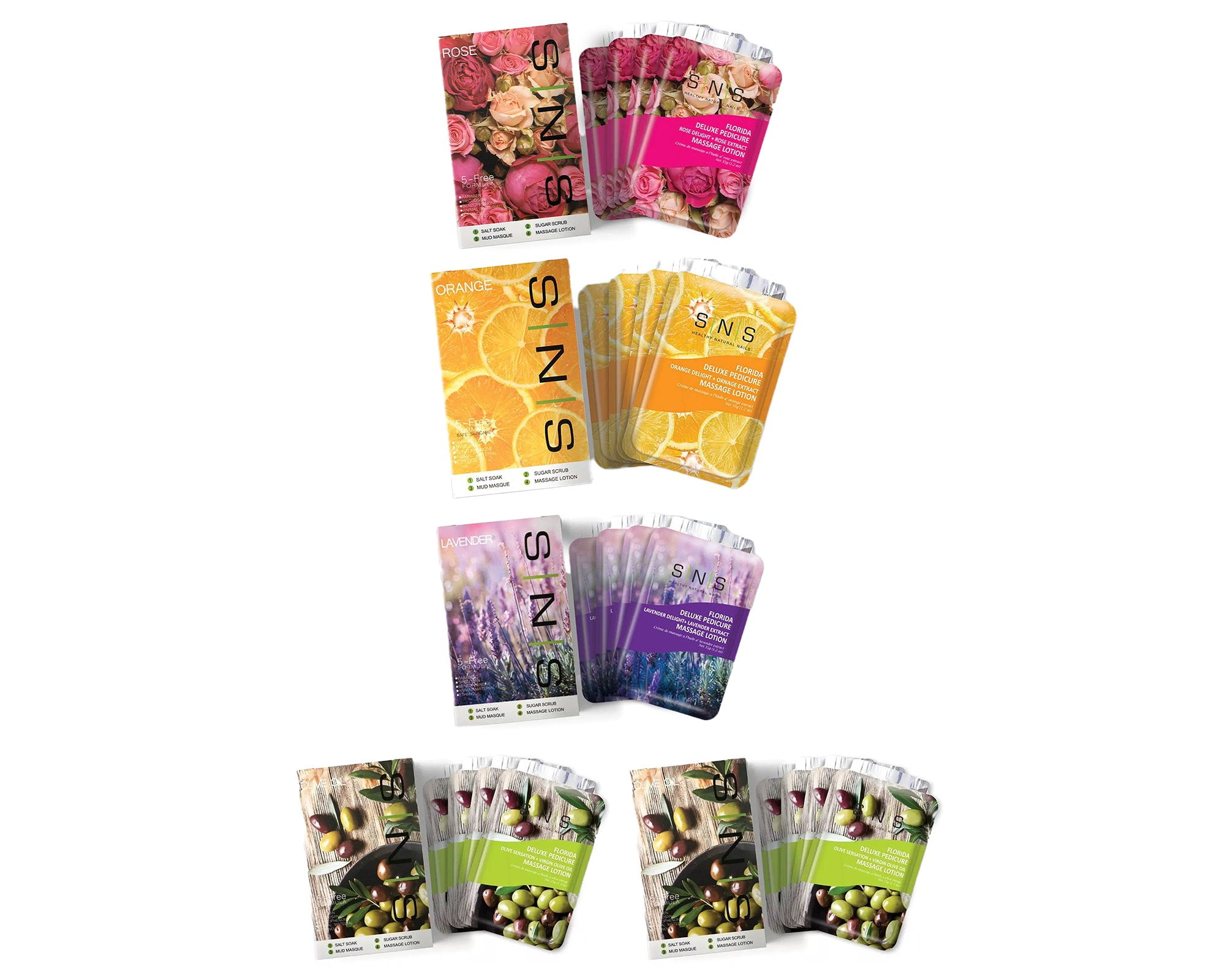 SNS 4-in-1 Pedicure Pack Combo (Rose, Orange, Lavender, & 2 packs of Olive Oil ) - Walmart.com