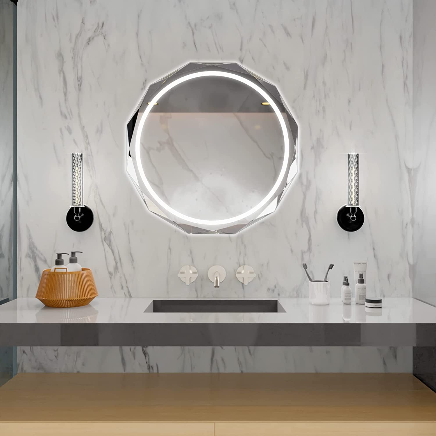 SNUGACE Round LED Bathroom Mirror, Beveled Edge Frameless Wall Mount ...