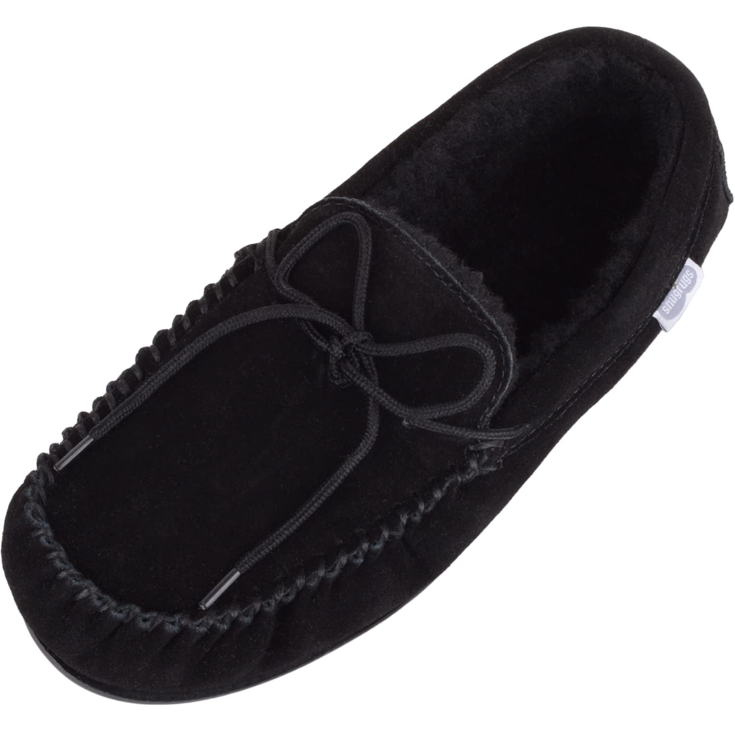 SNUGRUGS Men's Rubber Sole Suede Sheepskin Moccasin Slippers - Black ...