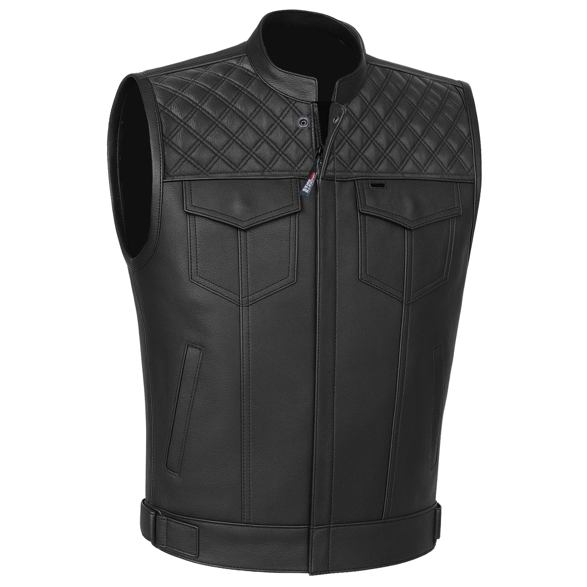 SOA Men's Leather Armor Motorcycle Vest - 100% Genuine Cowhide Biker ...