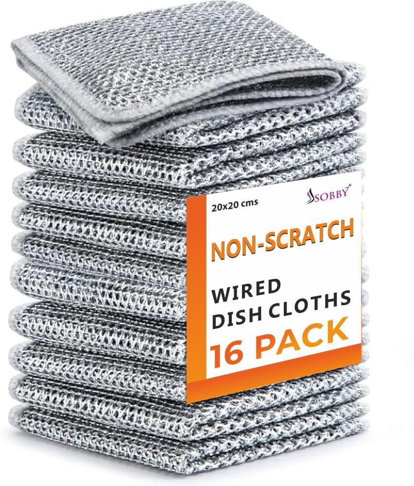 SOBBY Pack of 16 Non Scratch Dish Wash Cleaning Cloth for Kitchen Reusable Non Scratch Wire Dish ...