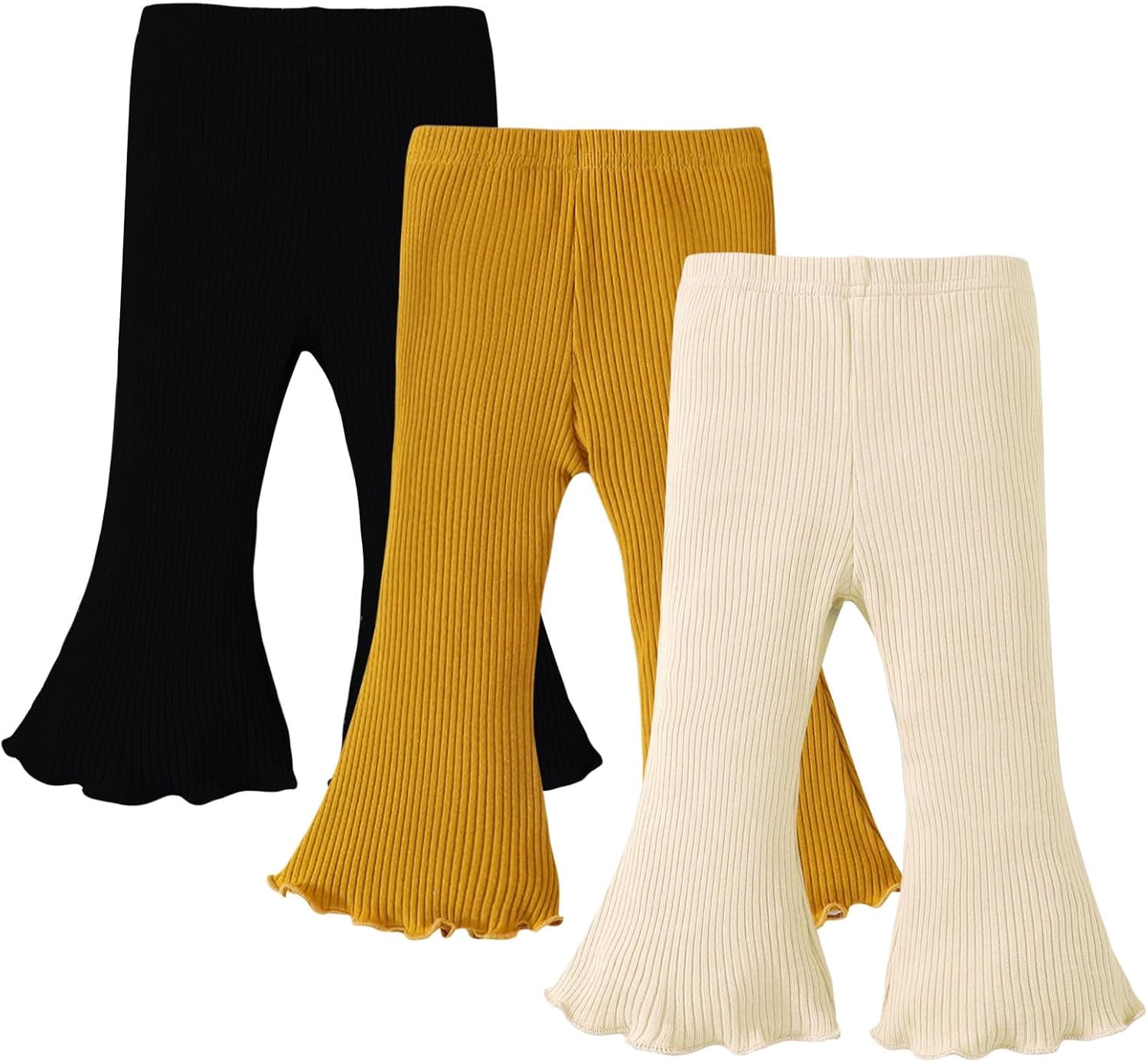 Girl Flare Pants 3 Pack Toddler Solid Ribbed Ruffle Bell Bottoms Pants ...