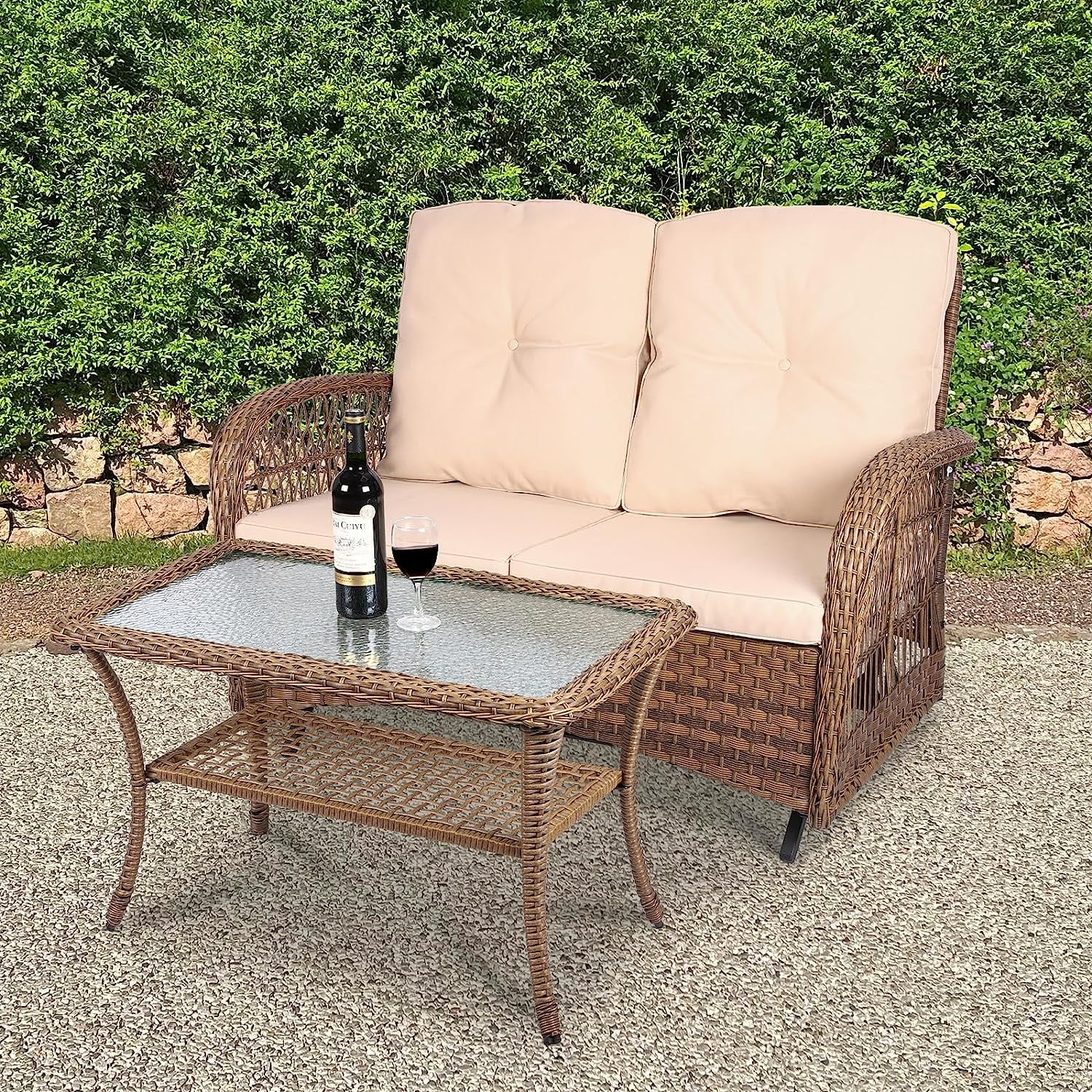 SOCIALCOMFY 2 Piece Outdoor Wicker Gliding Loveseat Set, Patio ...