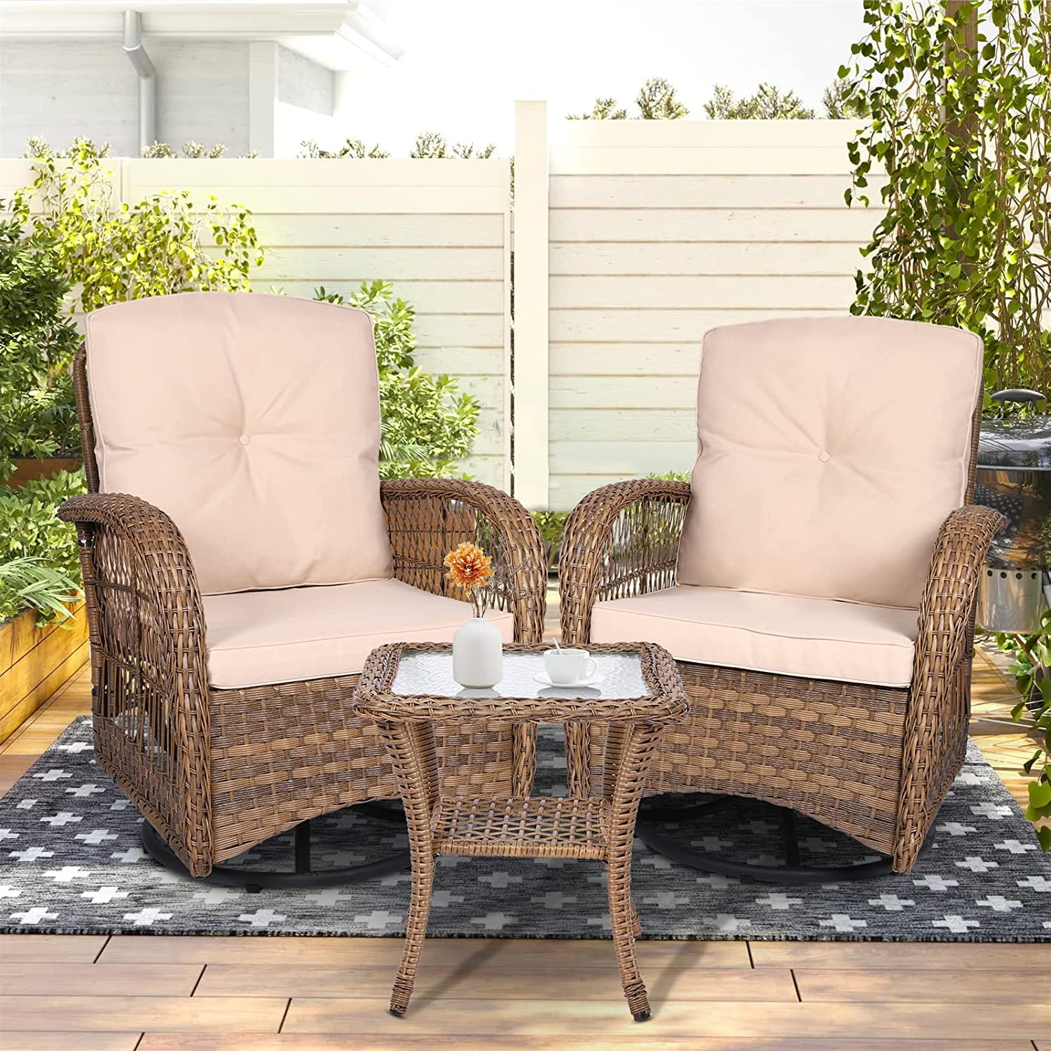 SOCIALCOMFY 3-Piece Patio Glider Wicker Set, Rocking Chairs with ...