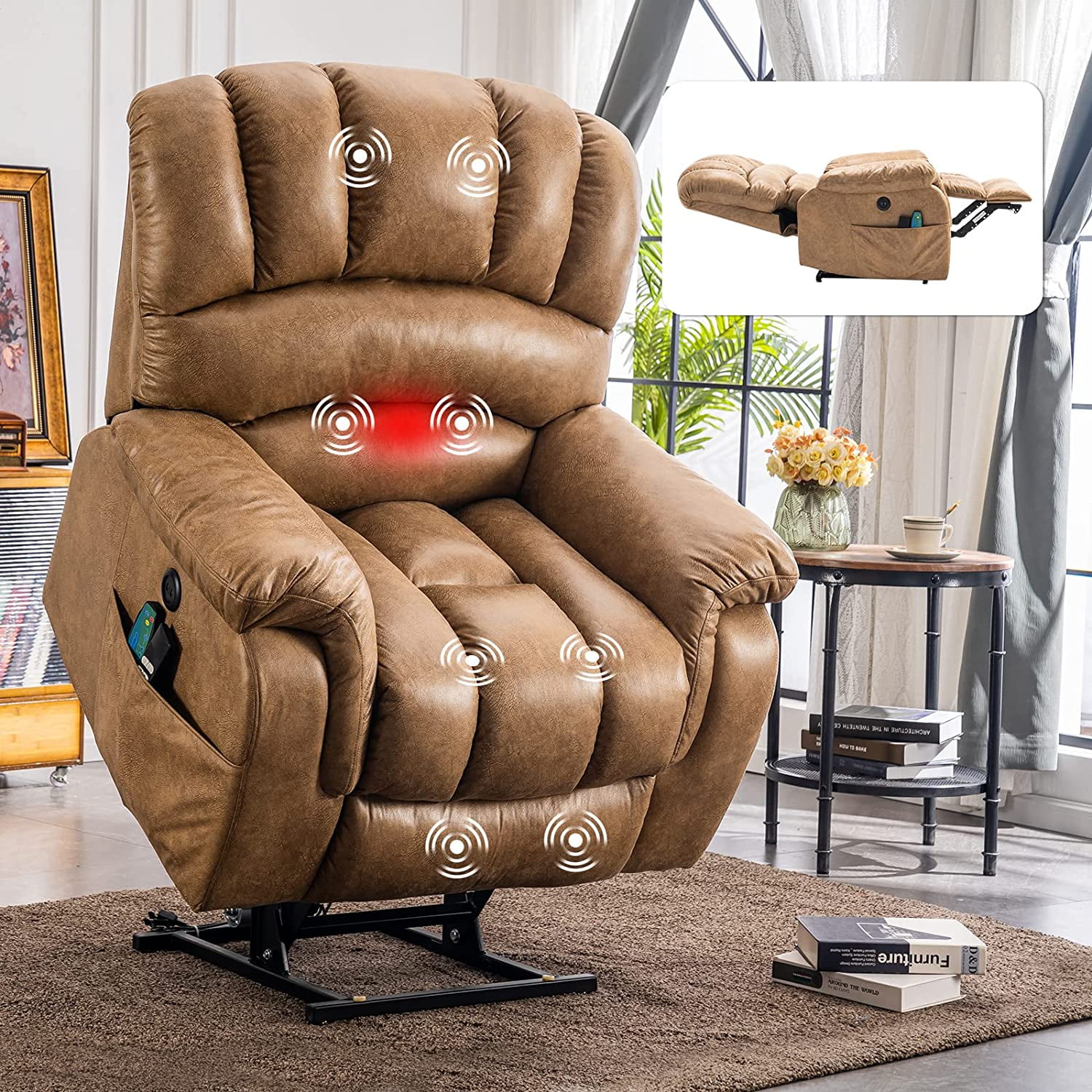 SOCIALCOMFY Oversized Electric Lift Chair, Heated Massage, 2 Remotes ...