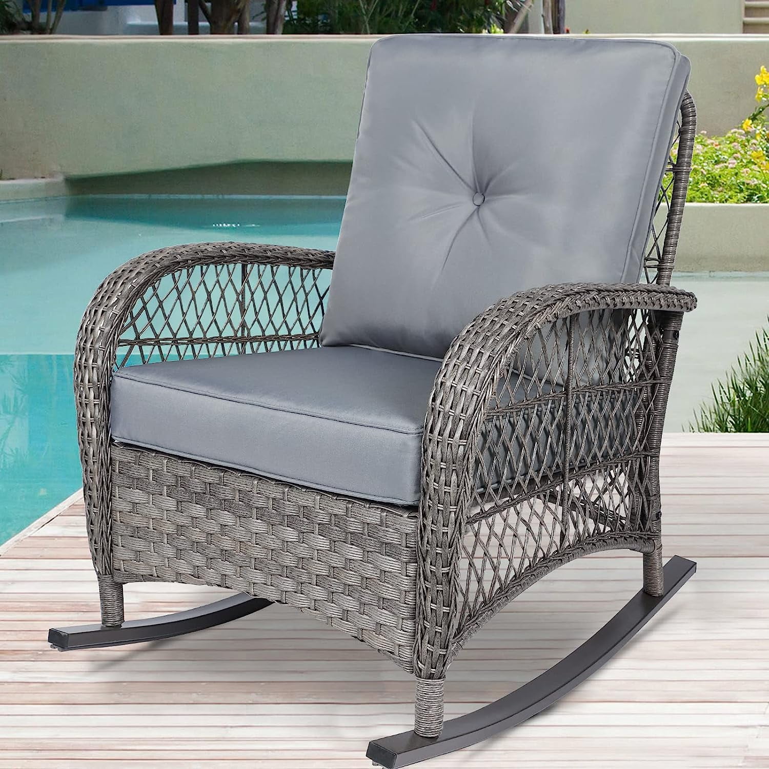 SOCIALCOMFY Outdoor Wicker Rocking Chair, Patio Rattan Rocker, Steel ...