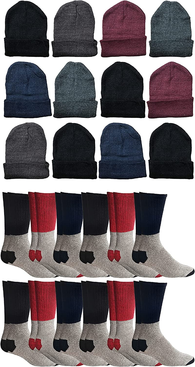 SOCKS'NBULK 24 Pack Mens Winter Hat Sock Kit - 12 Pairs Thermal Socks ...
