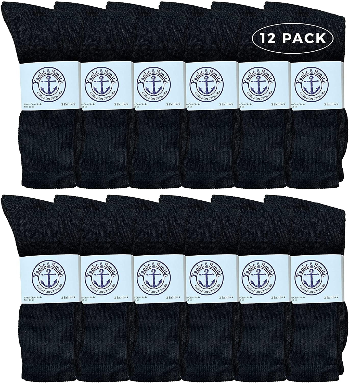 SOCKS'NBULK Mens King Size Sport Crew Socks, 12 Pairs, Black, Shoe Size ...