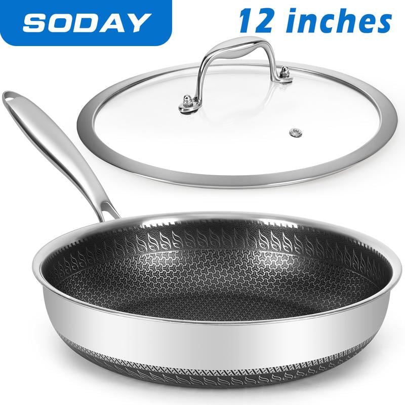 SODAY Hybrid Nonstick 11/12Inches Fry Pan with Tempered Glass Lid, Stay ...