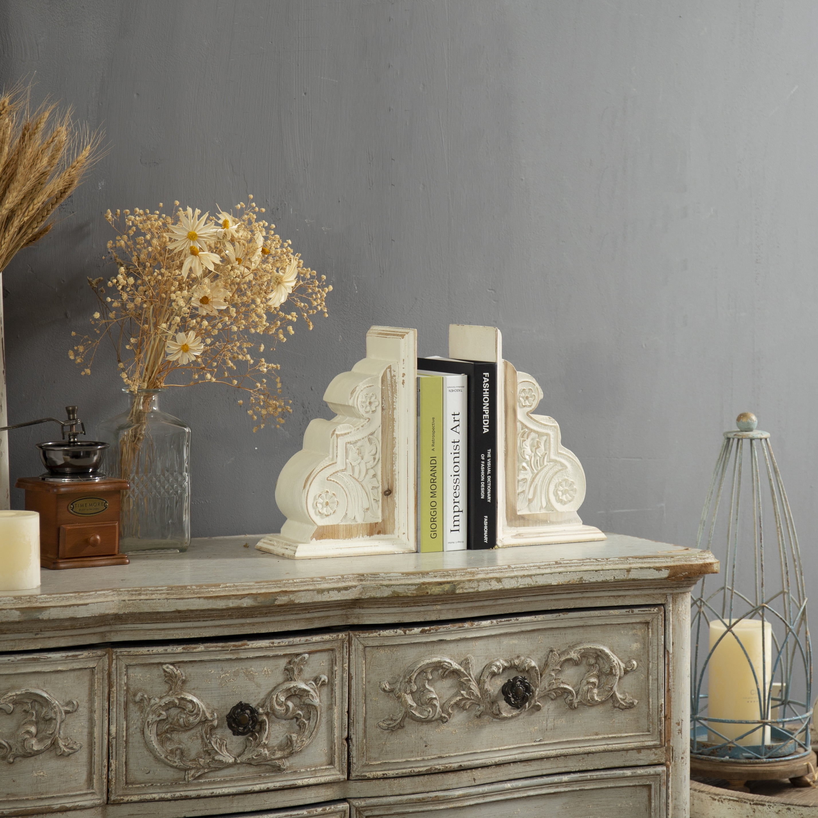 SOFE 1 Pair Farmhouse Rustic Distressed Finish Wood Bookends, White, 3. ...