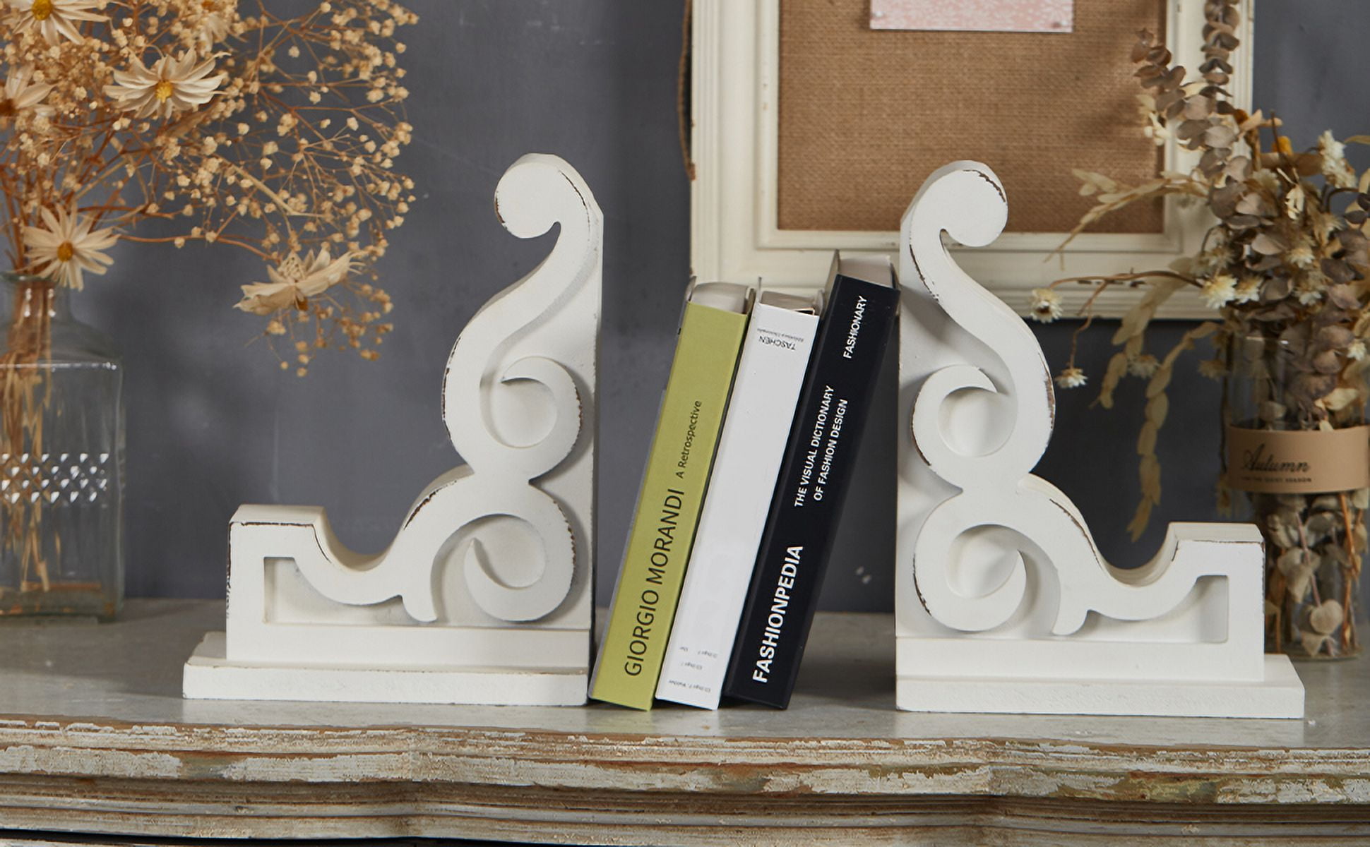 SOFE 1 Pair Rustic Wood Scroll Corbels Bookends, White Bookends ...