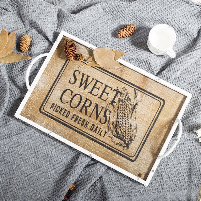 SOFE 16" Farmhouse Wood Ottoman Decorative Trays for Coffee Tabletop ...