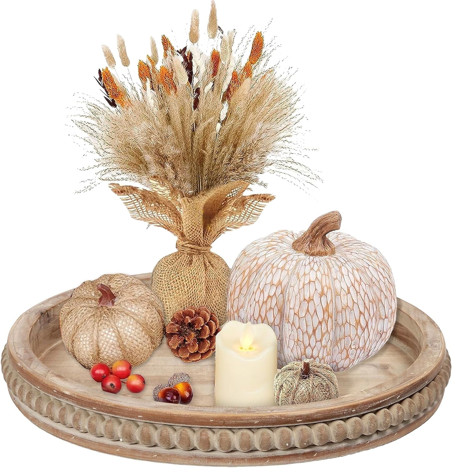 SOFE 16" Natural Hand Crafted Beaded Wooden Tray, Farmhouse Large Round ...