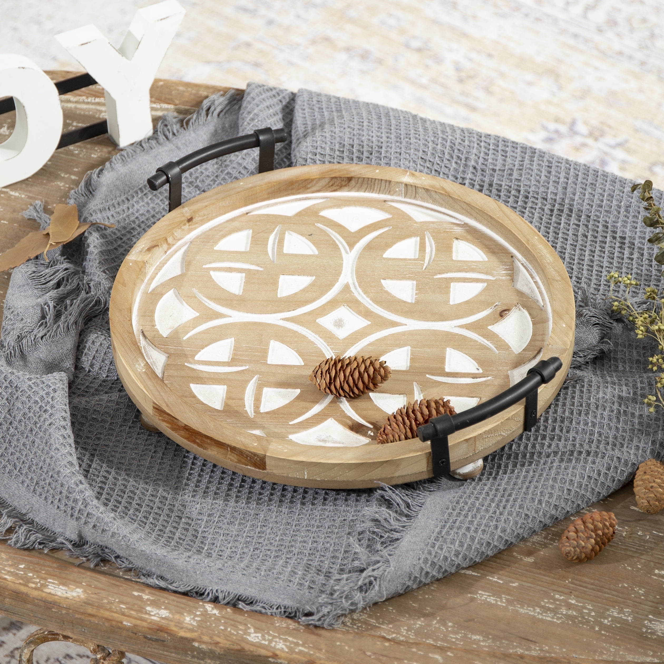 SOFE 17" Large Round Wooden Tray with Black Handles, Footed Centerpiece ...