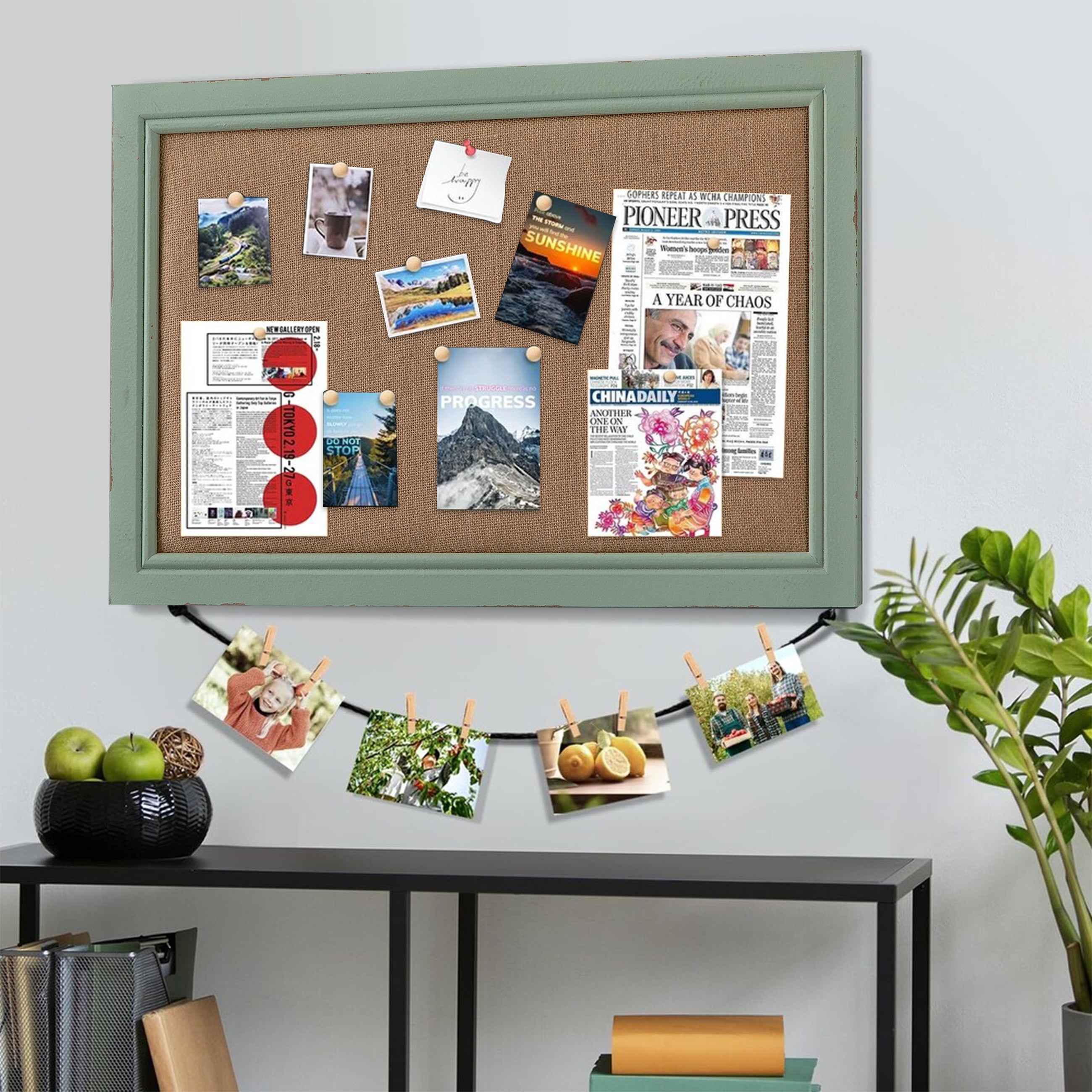 SOFE Linen Cork Board Bulletin Board, 18" x 28" x 0.7" Green Framed ...