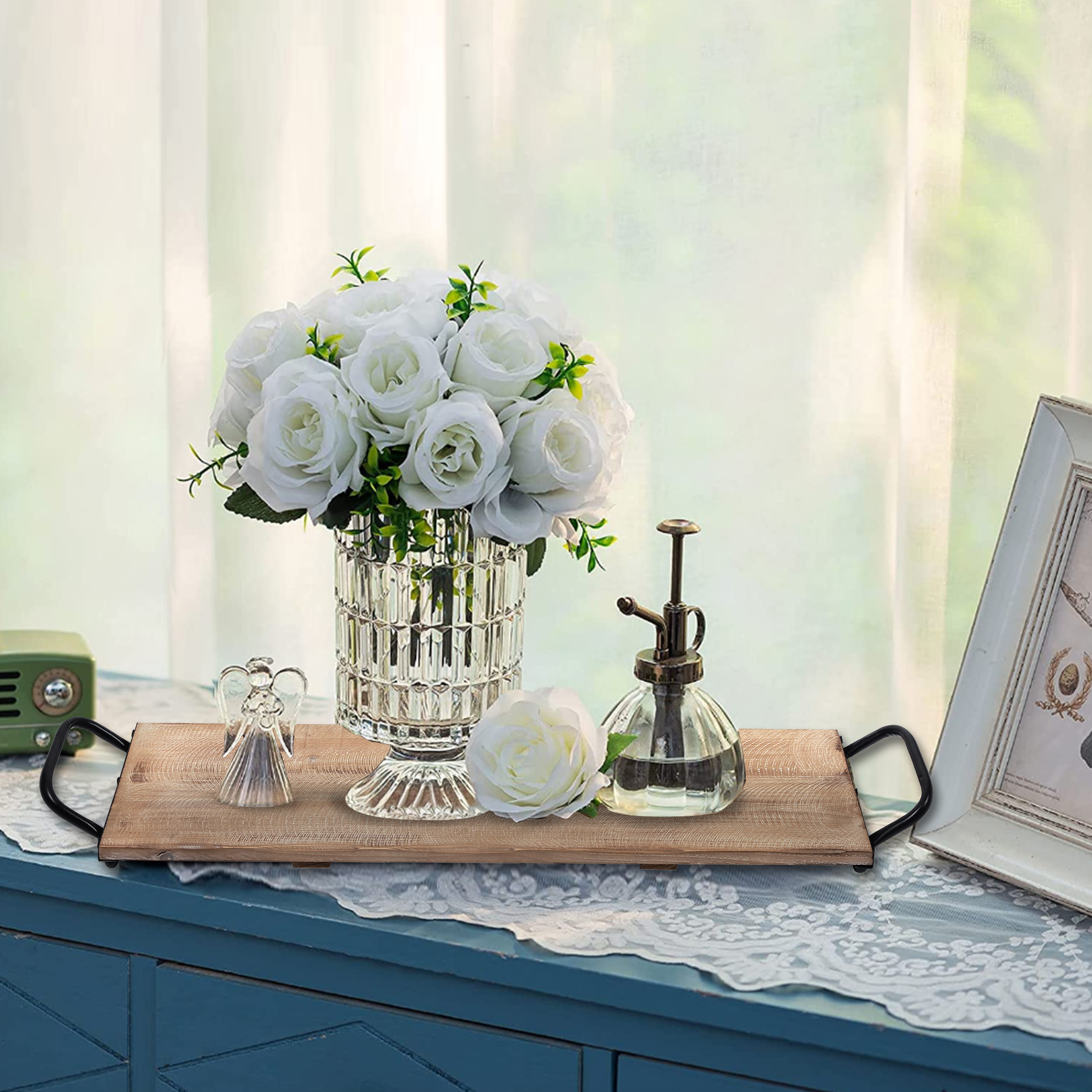 SOFE Long Narrow Tray for Table Centerpiece - Farmhouse Wood Serving ...