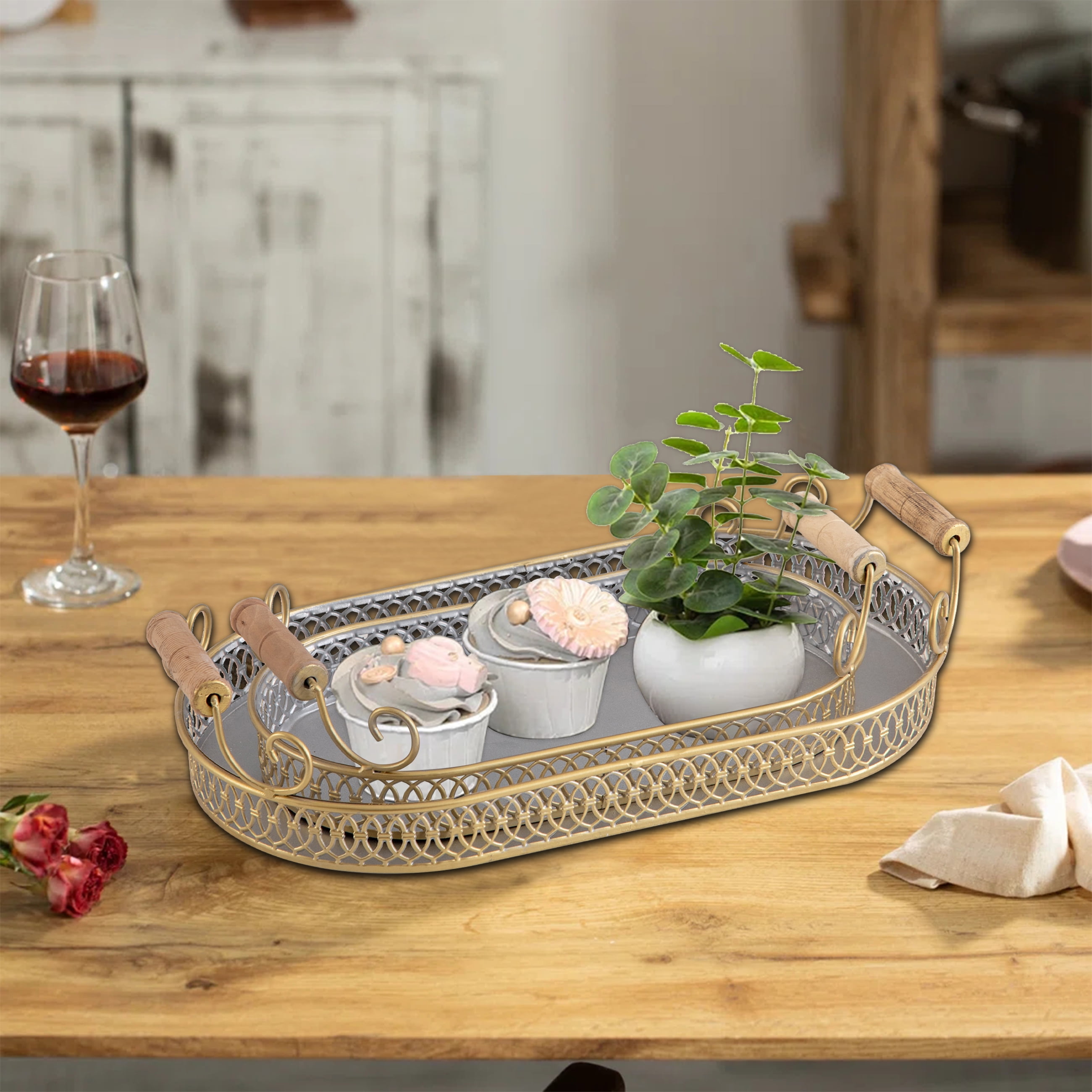SOFE Metal Serving Tray with Handles, Farmhouse Gold Serving Platters ...
