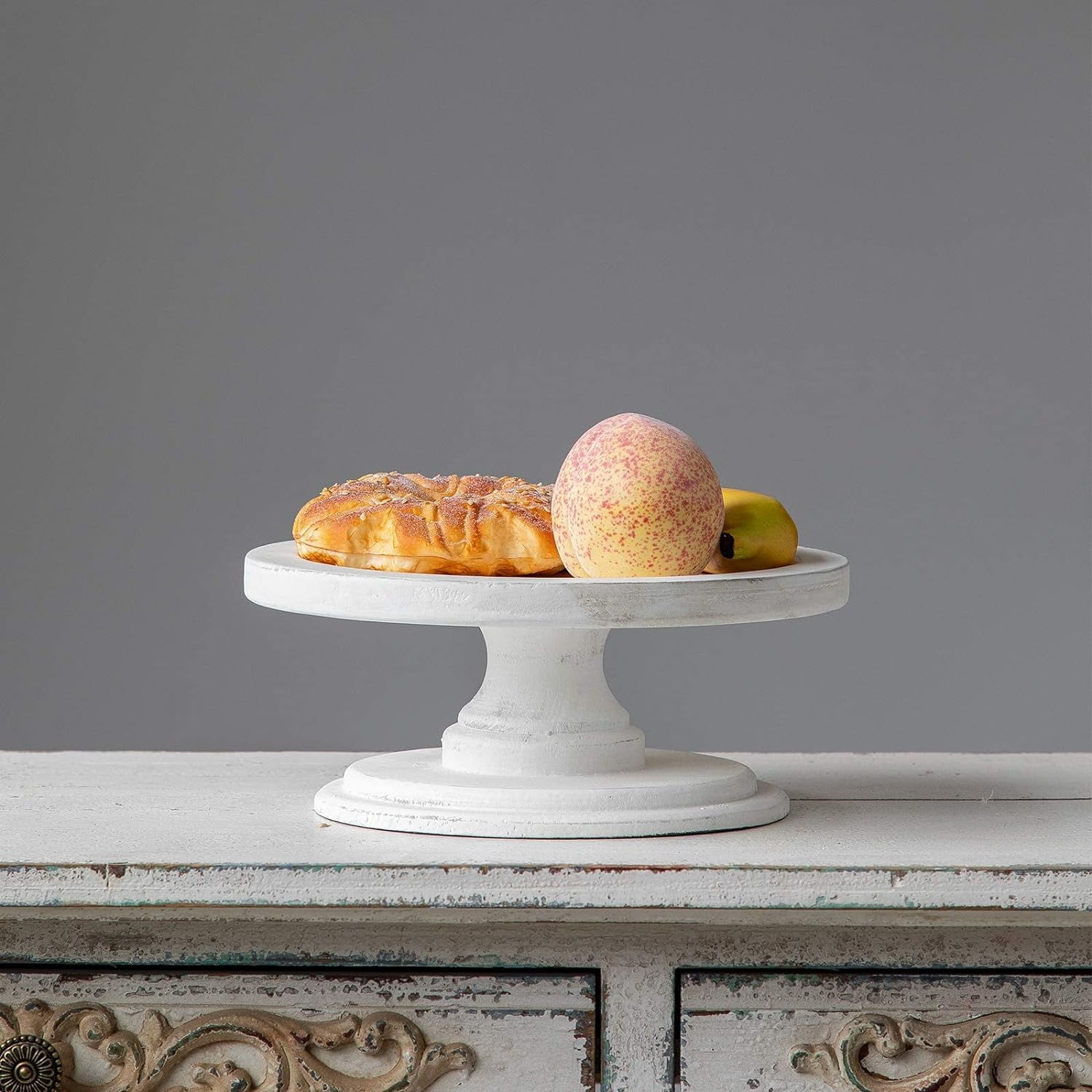 SOFE Natural Wood Pedestal Serving Tray White, Candle Holder Tray Round ...