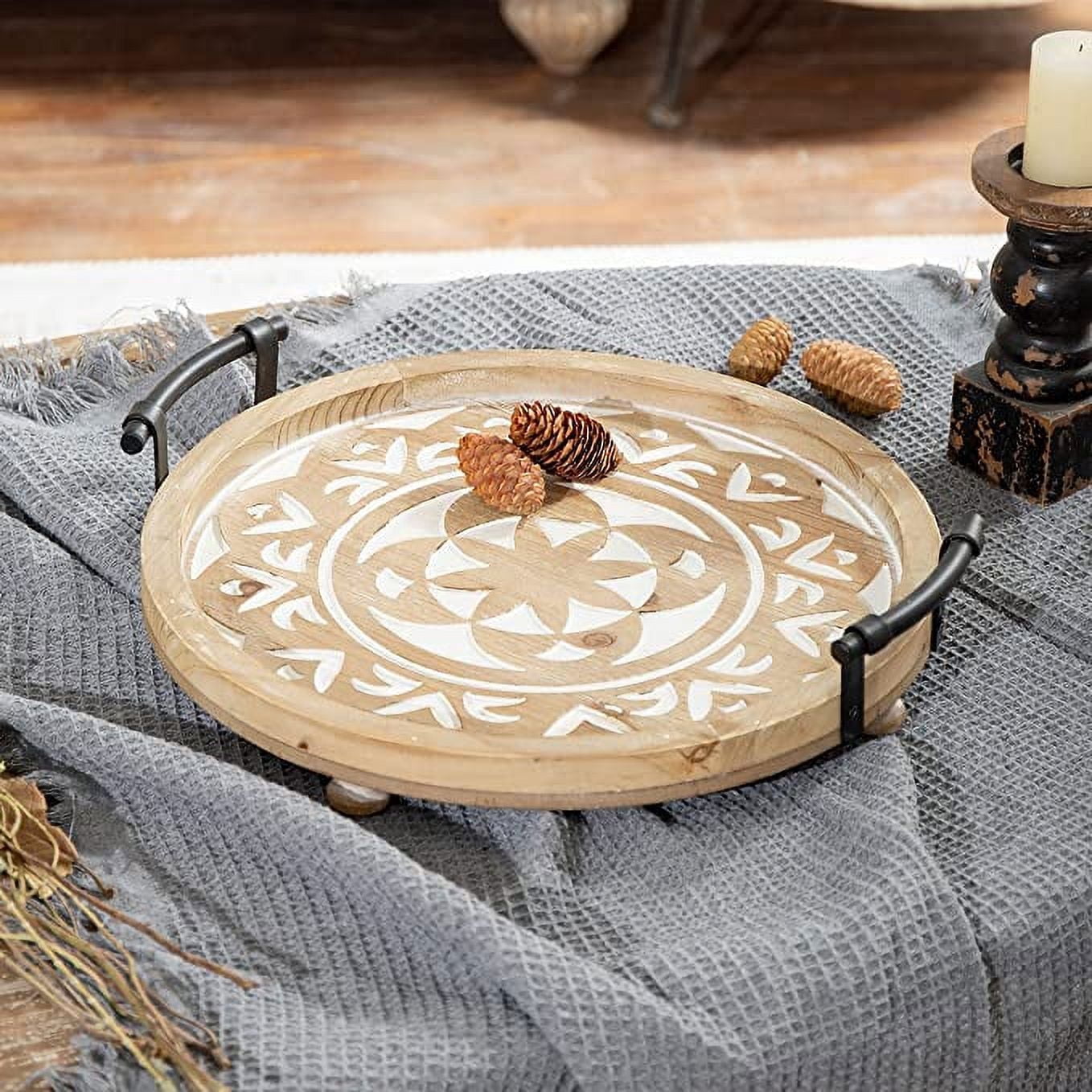 SOFE Rustic Wooden Serving Table Tray, Round, 17.3" x 15.7" x 3.7 ...