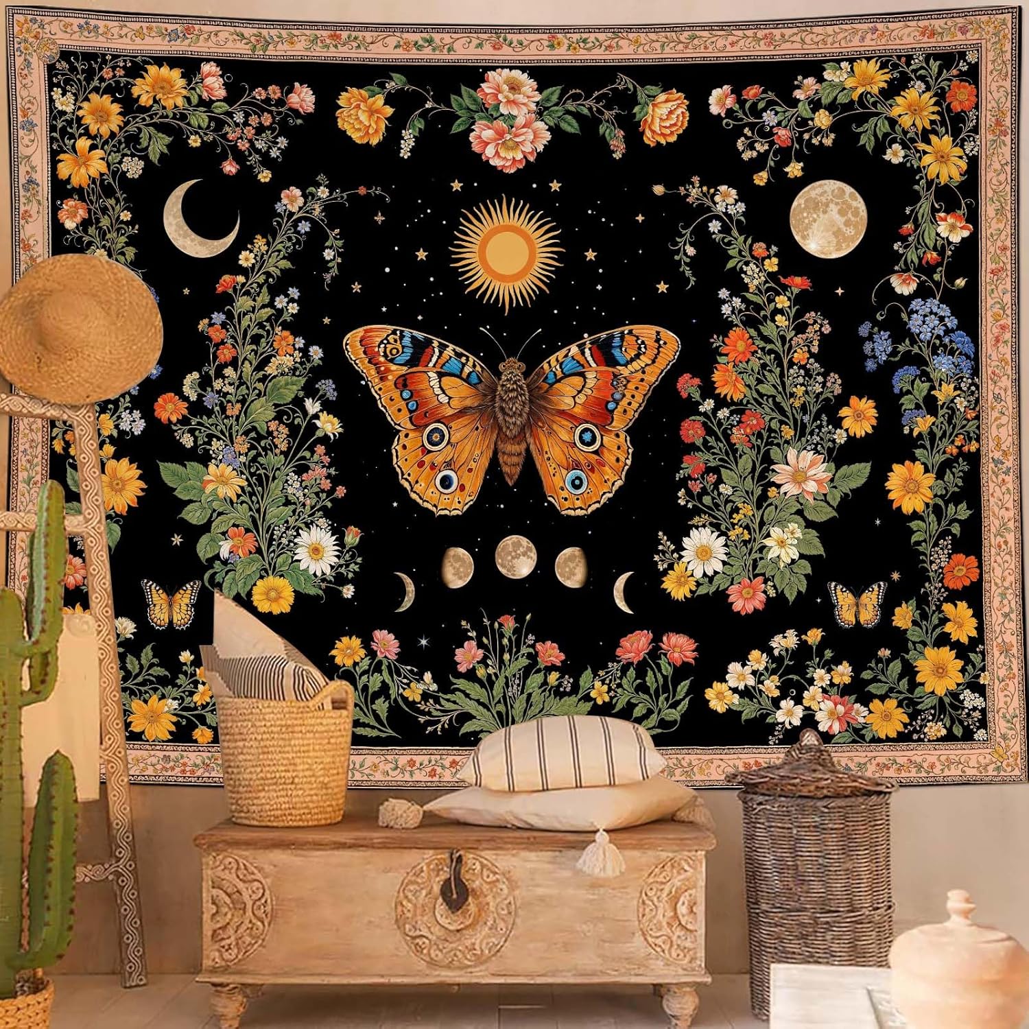 SOFIKAANMU Butterfly Moon and Flowers Tapestry, Bohemian Hippie Fantasy ...